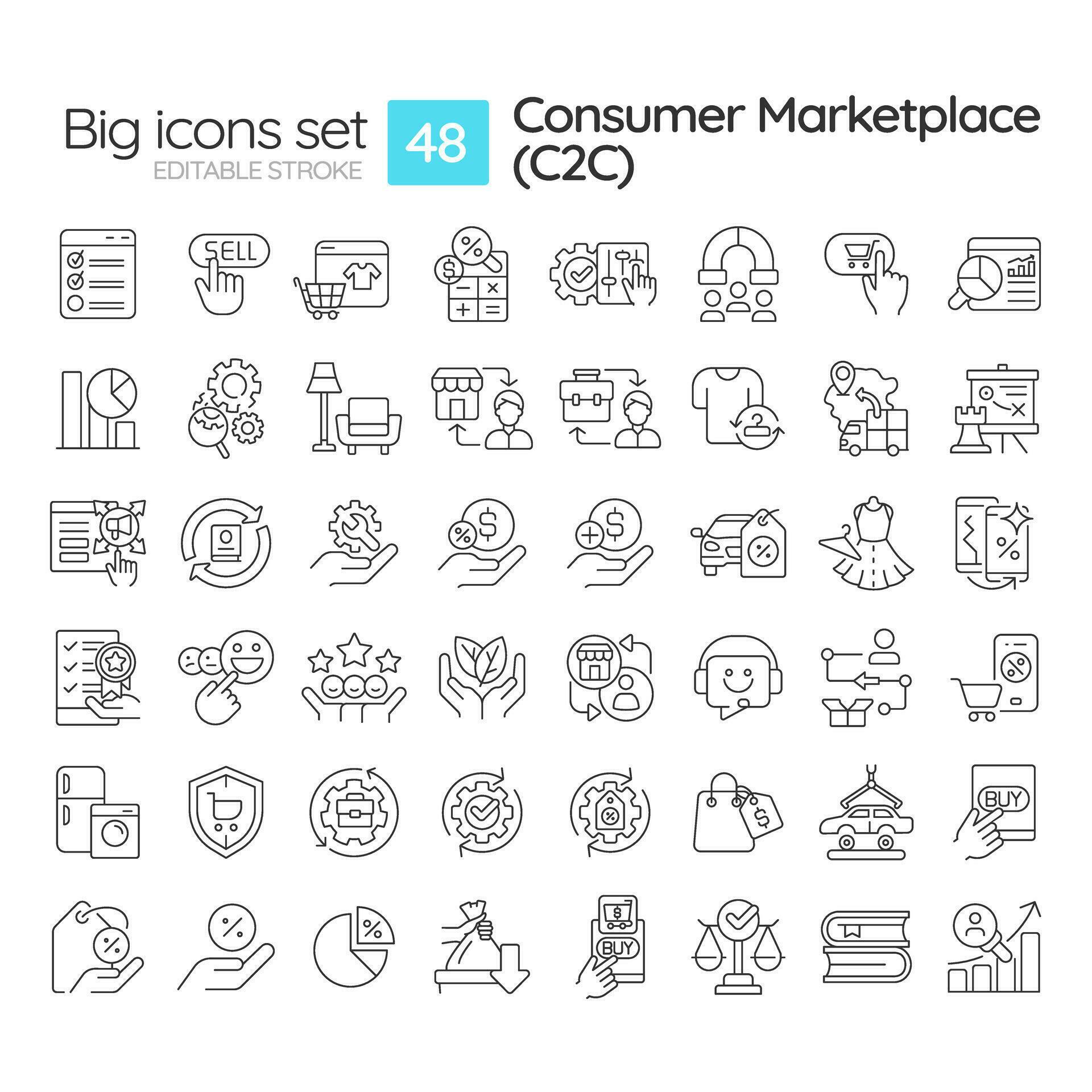 2D editable black big thin line icons set representing C2C, isolated ...