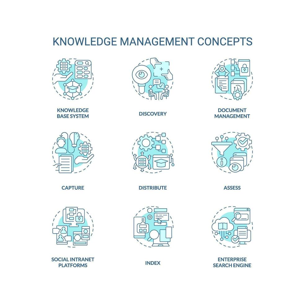 2D editable blue icons set representing knowledge management concepts, isolated vector, thin ...