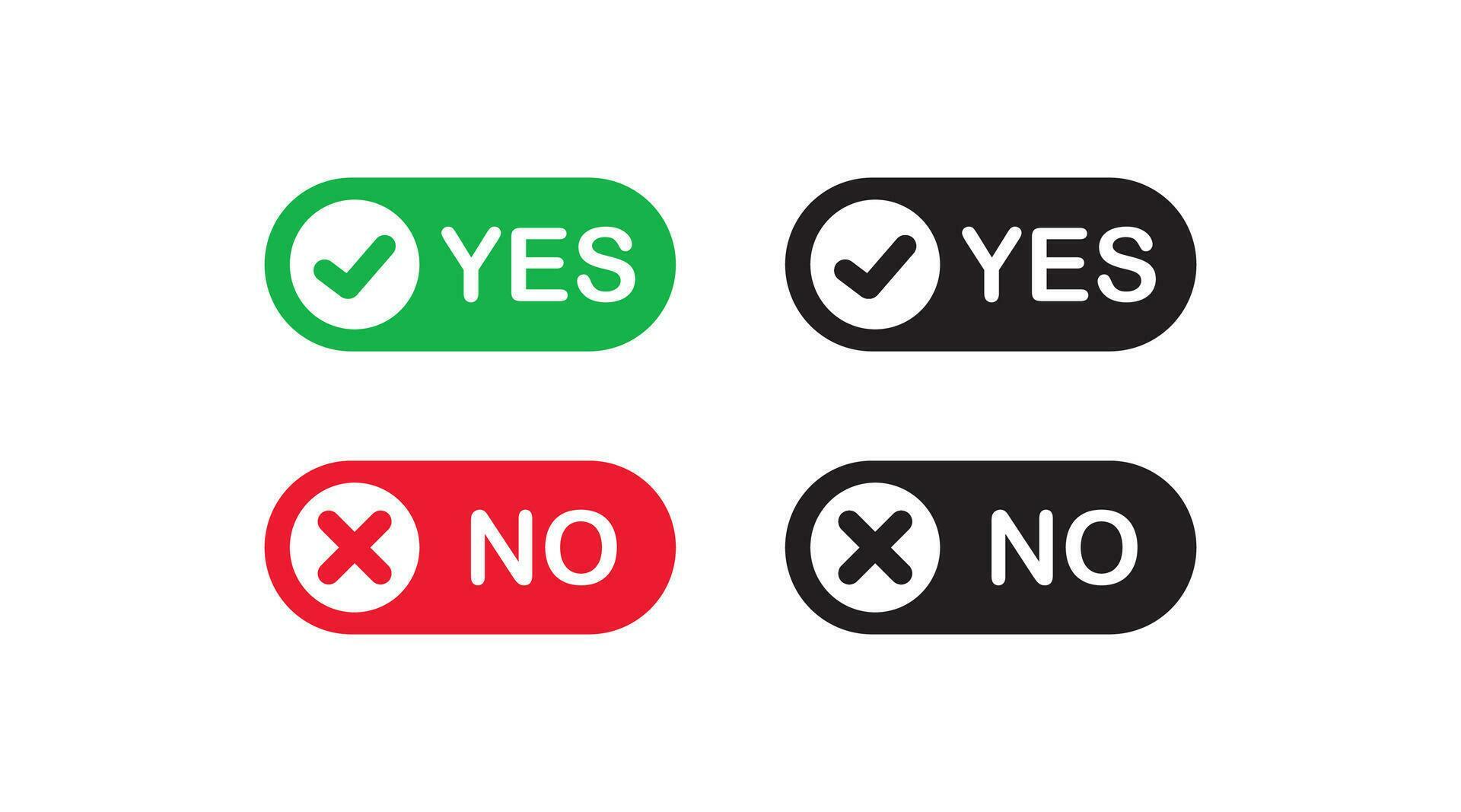 Yes and no buttons in green, black and red colors icon. Check mark and cross buttons ...