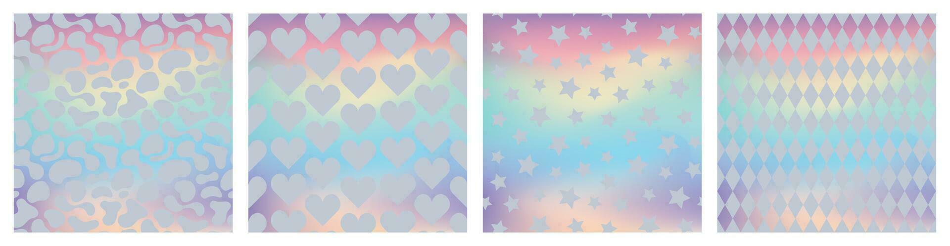 Set of geometric seamless patterns on holographic neon. Shiny hologram ...