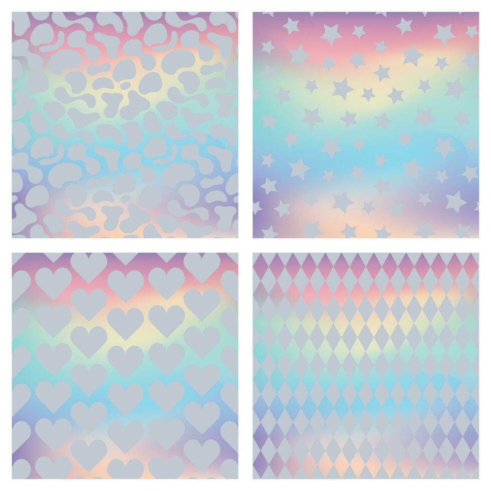 Set of geometric seamless patterns on holographic neon. Shiny hologram ...