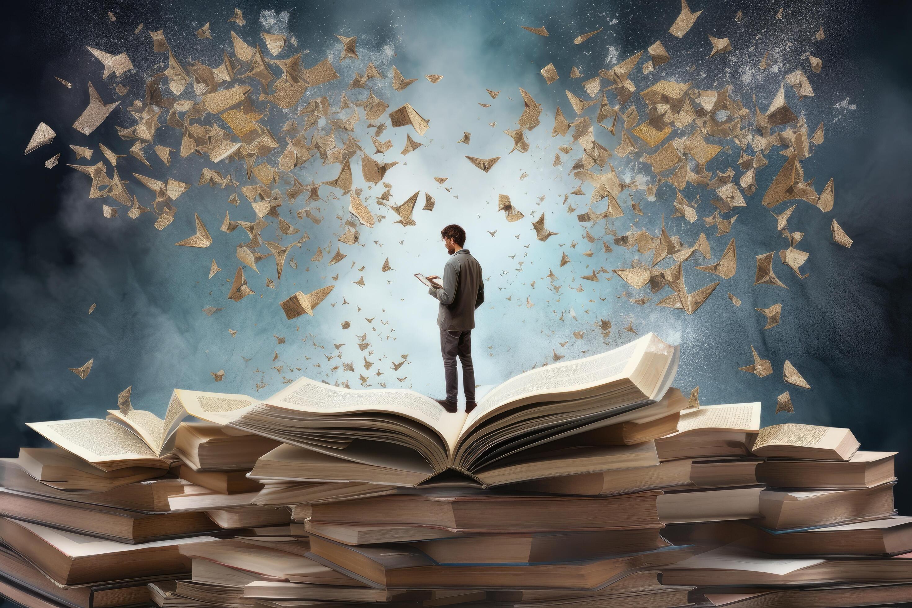AI generated Businessman standing on top of a pile of books and reading a book, A man standing ...