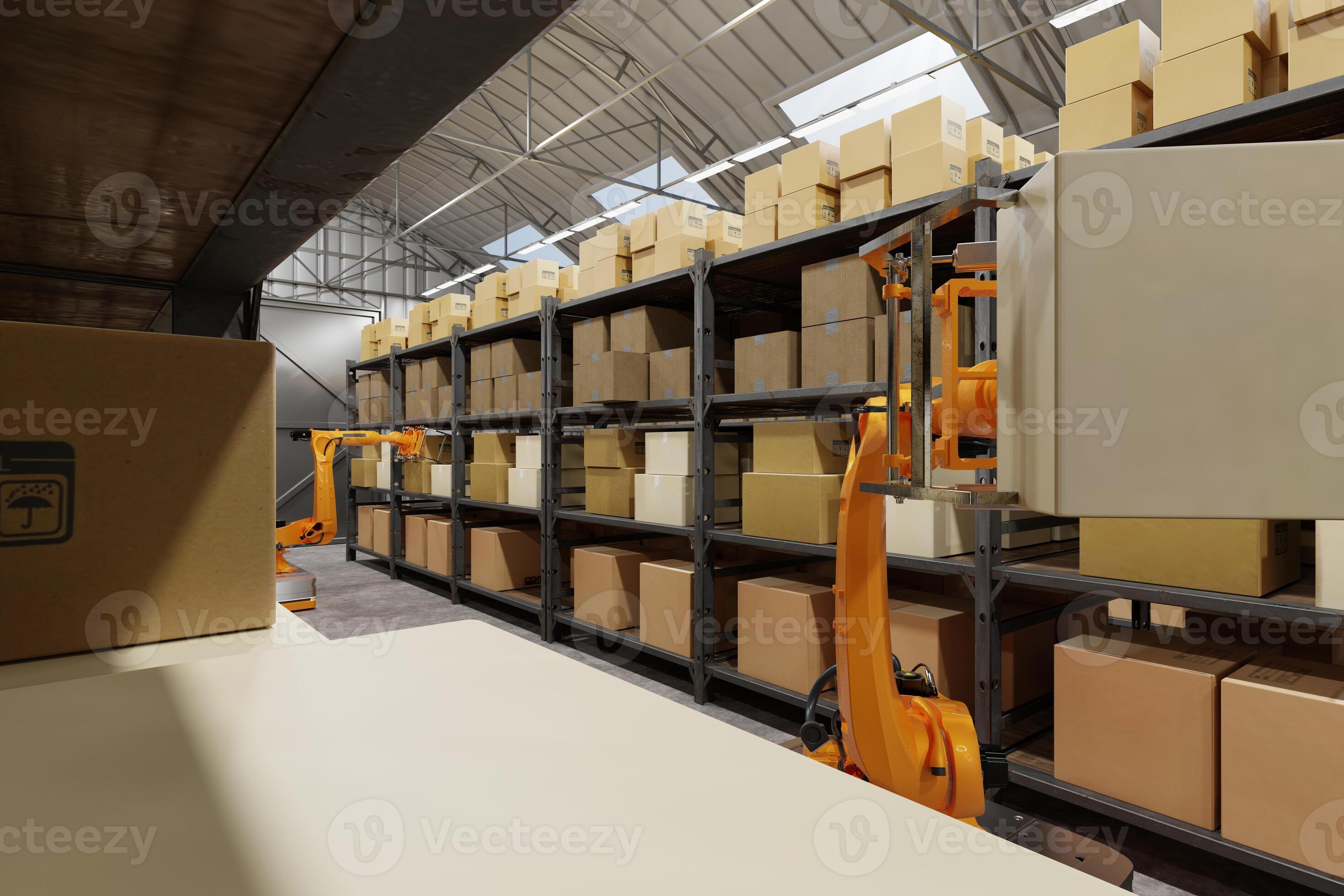 Warehouse, automatic robots, loading and unloading of boxes and goods ...