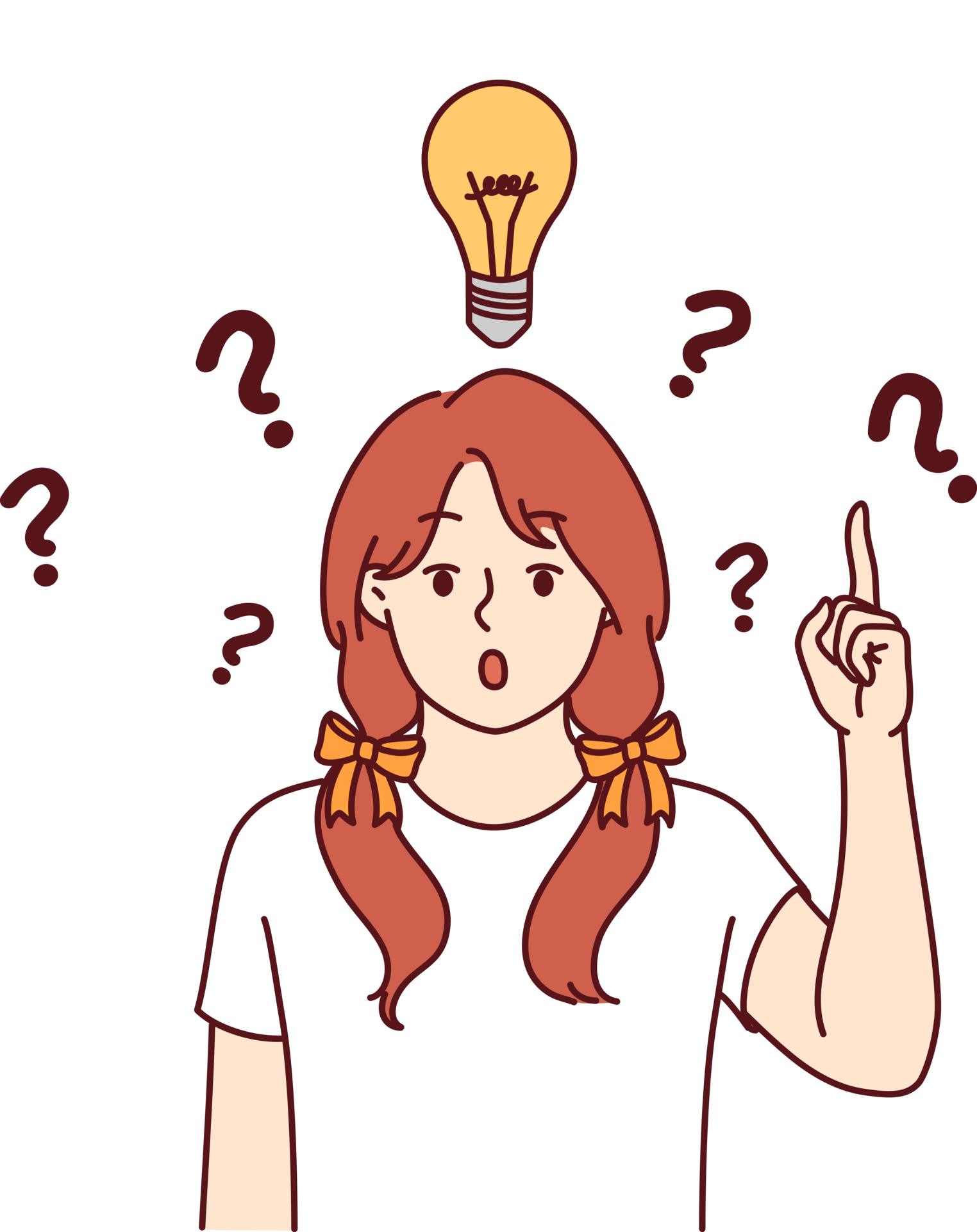 Little girl with light bulb above head says eureka and points up ...