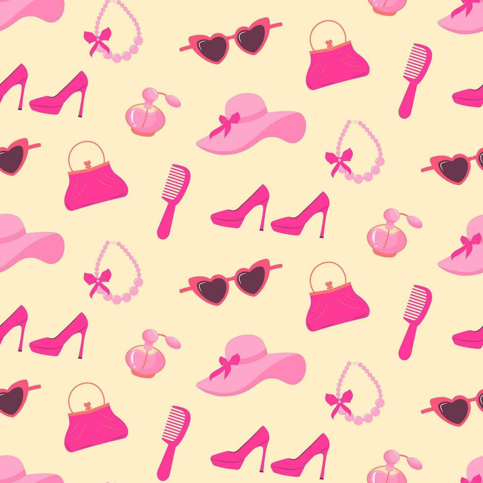 Pinkcore Glamour Seamless Pattern Pink Pattern With Female Accessories Clothing And Makeup