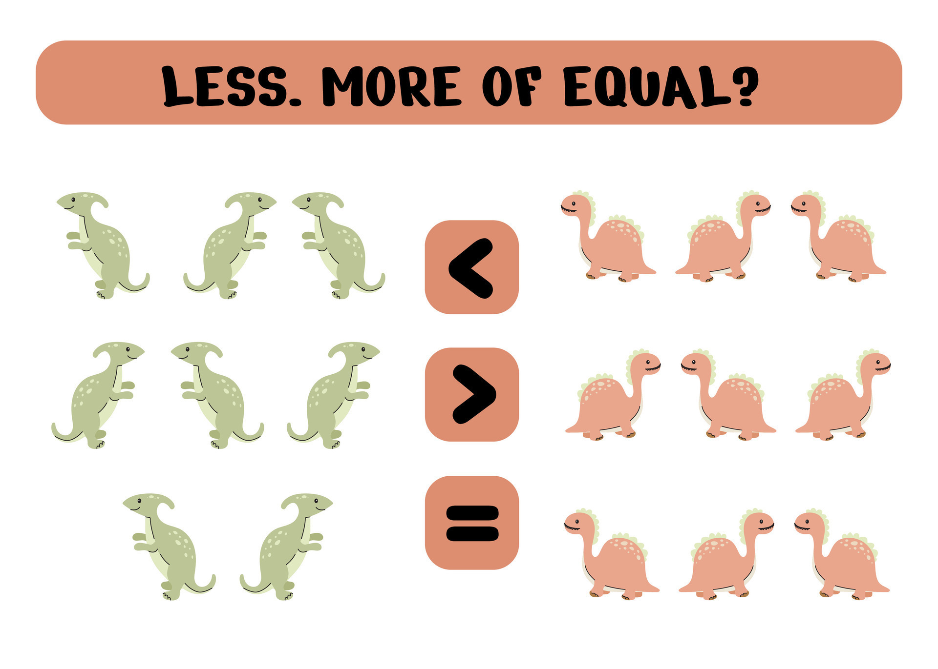 Count how many dinosaurs are on the right and on the left, choose the ...