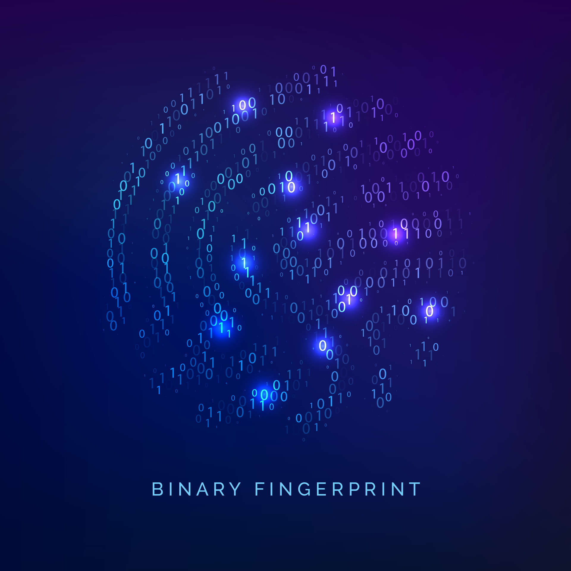 Binary code fingerprint. Biometric id. Digital key for software identification. Fingerprint ...