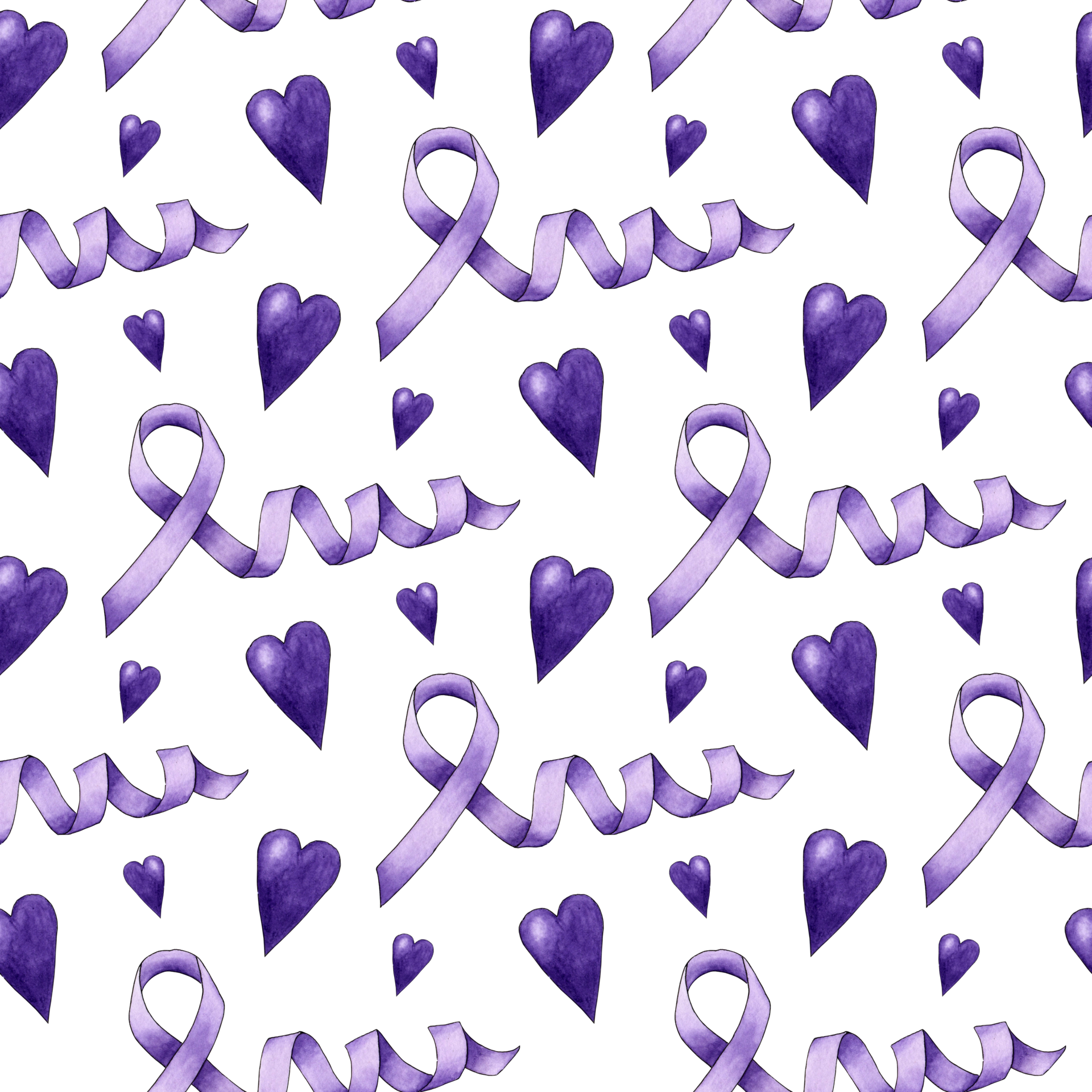 Watercolor Illustration Pattern Purple Ribbon And Hearts Symbol Of Domestic Violence Awareness