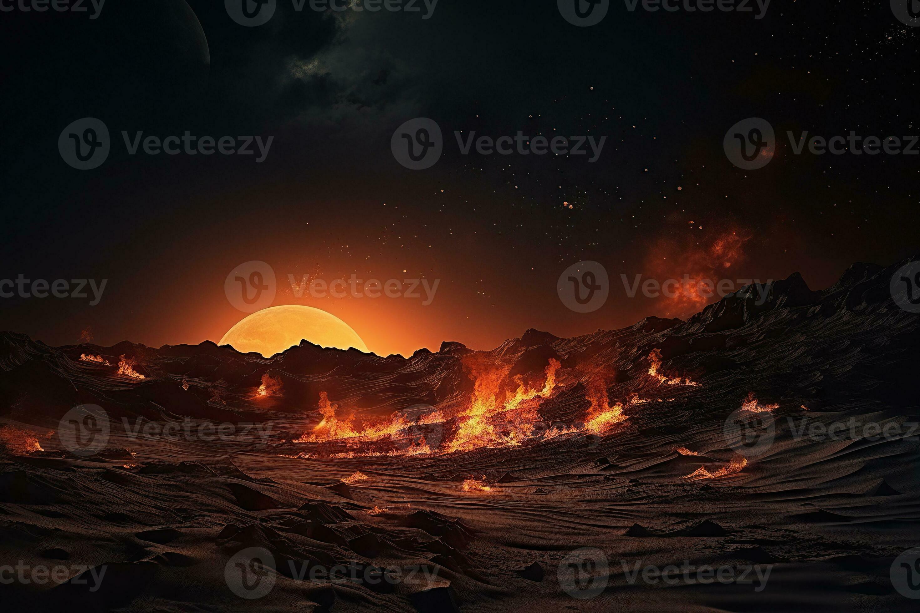 AI generated Desert landscape in the rays of the setting sun with fires ...