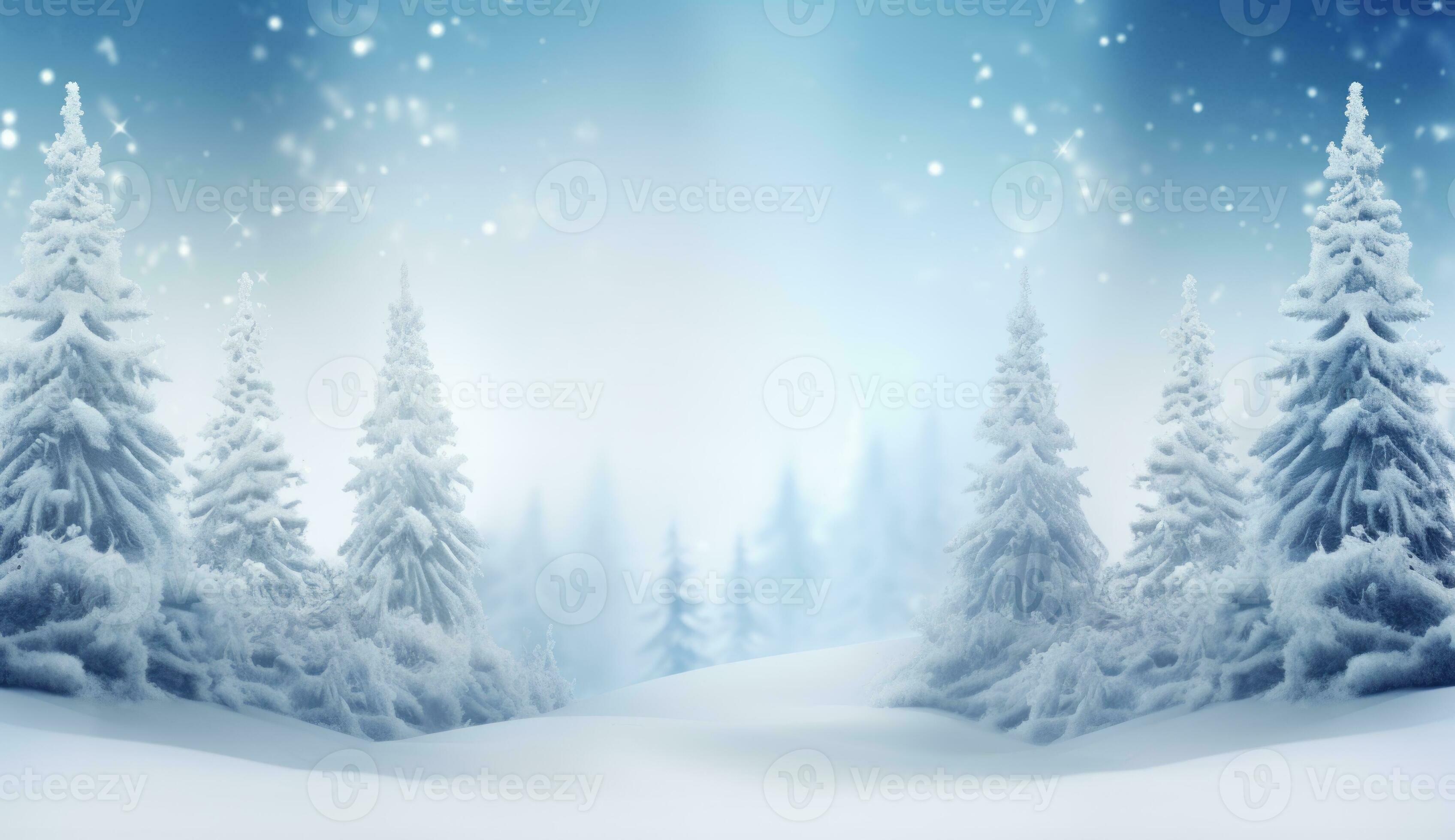 AI generated Winter landscape snow covered trees on a lake, lens flares ...