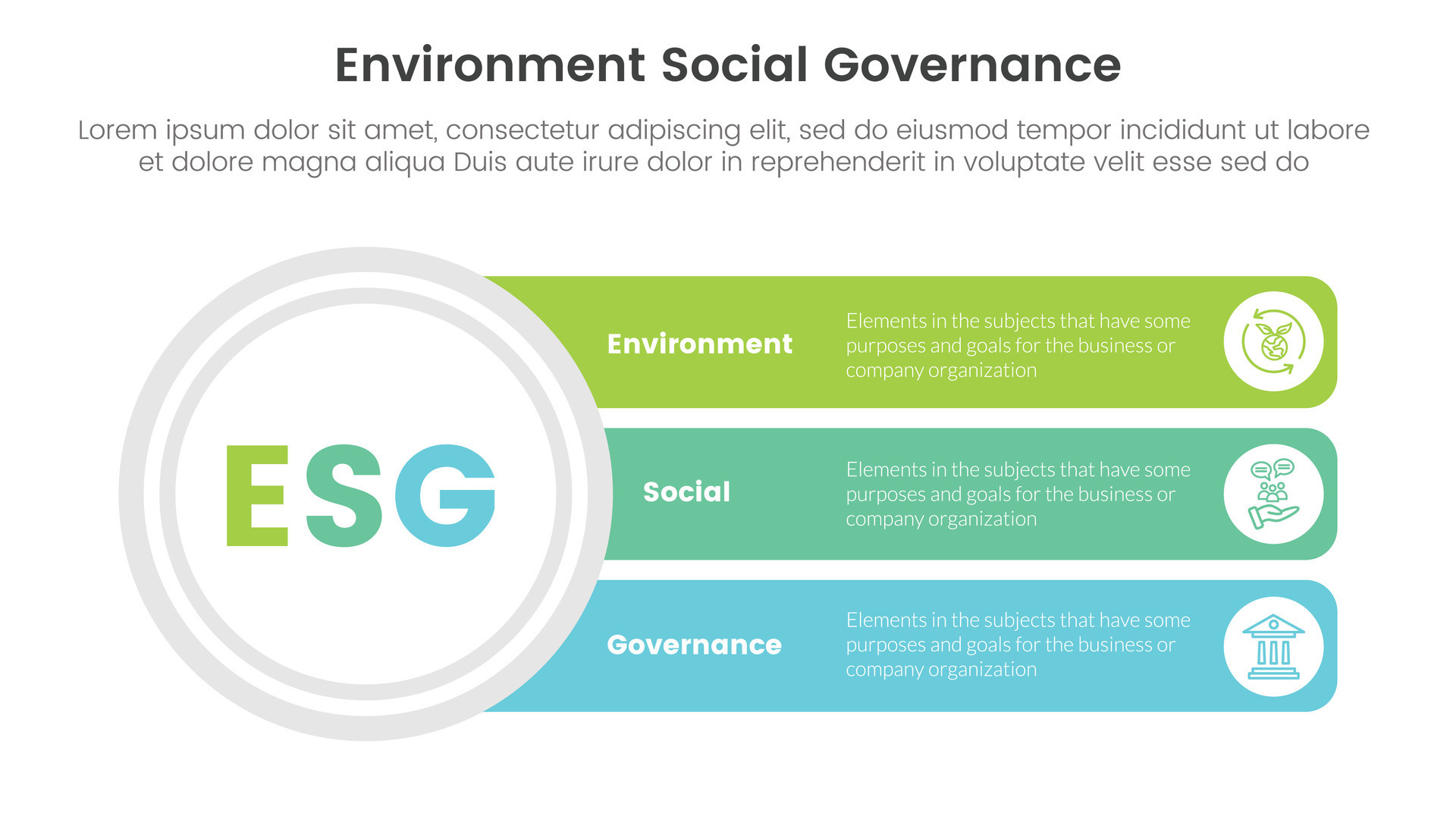 esg ambiental social y gobernancia infografía 3 punto etapa modelo con grande circulo y largo ...