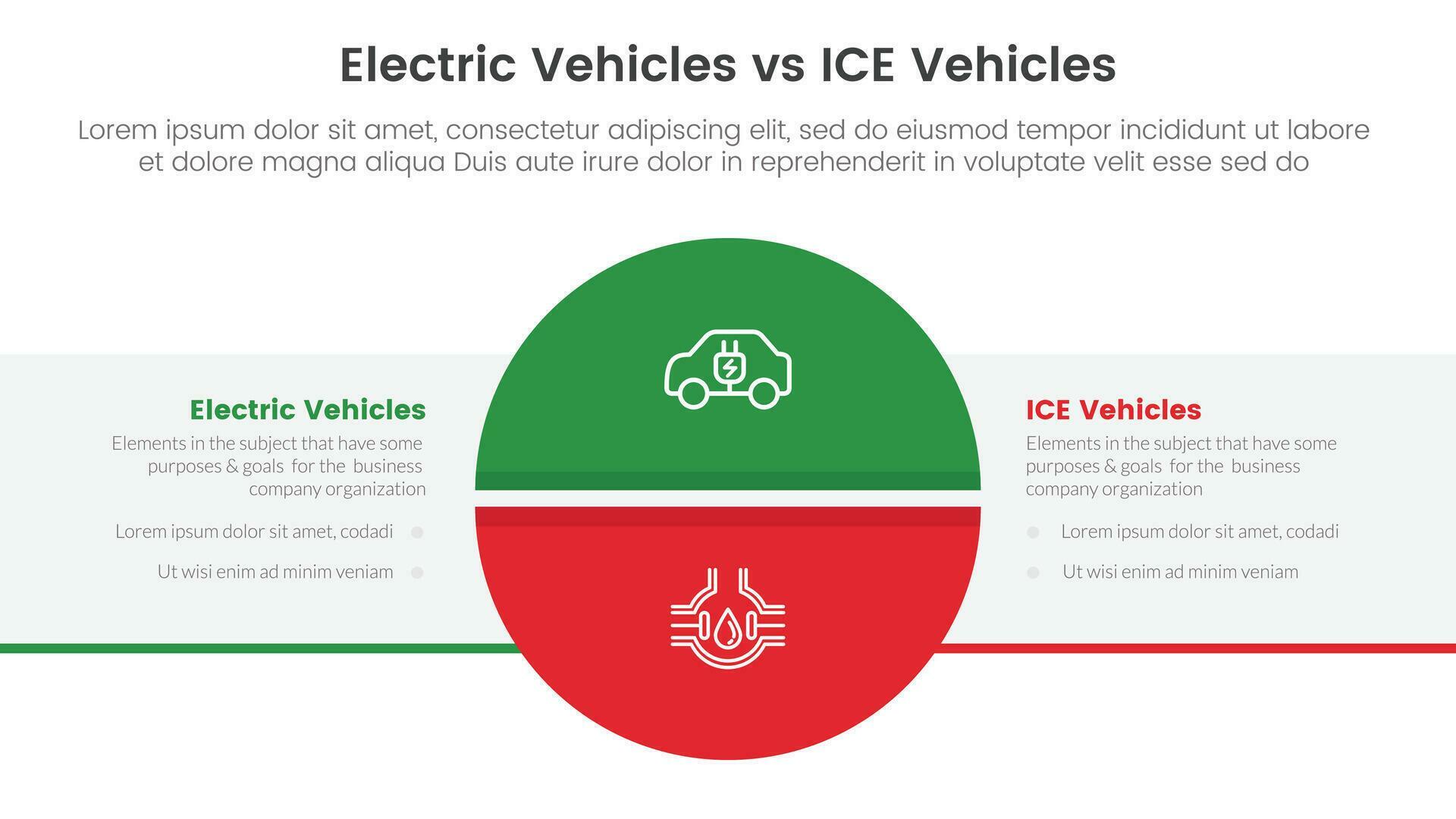 ev vs ice electric vehicle comparison concept for infographic template banner with big circle ...