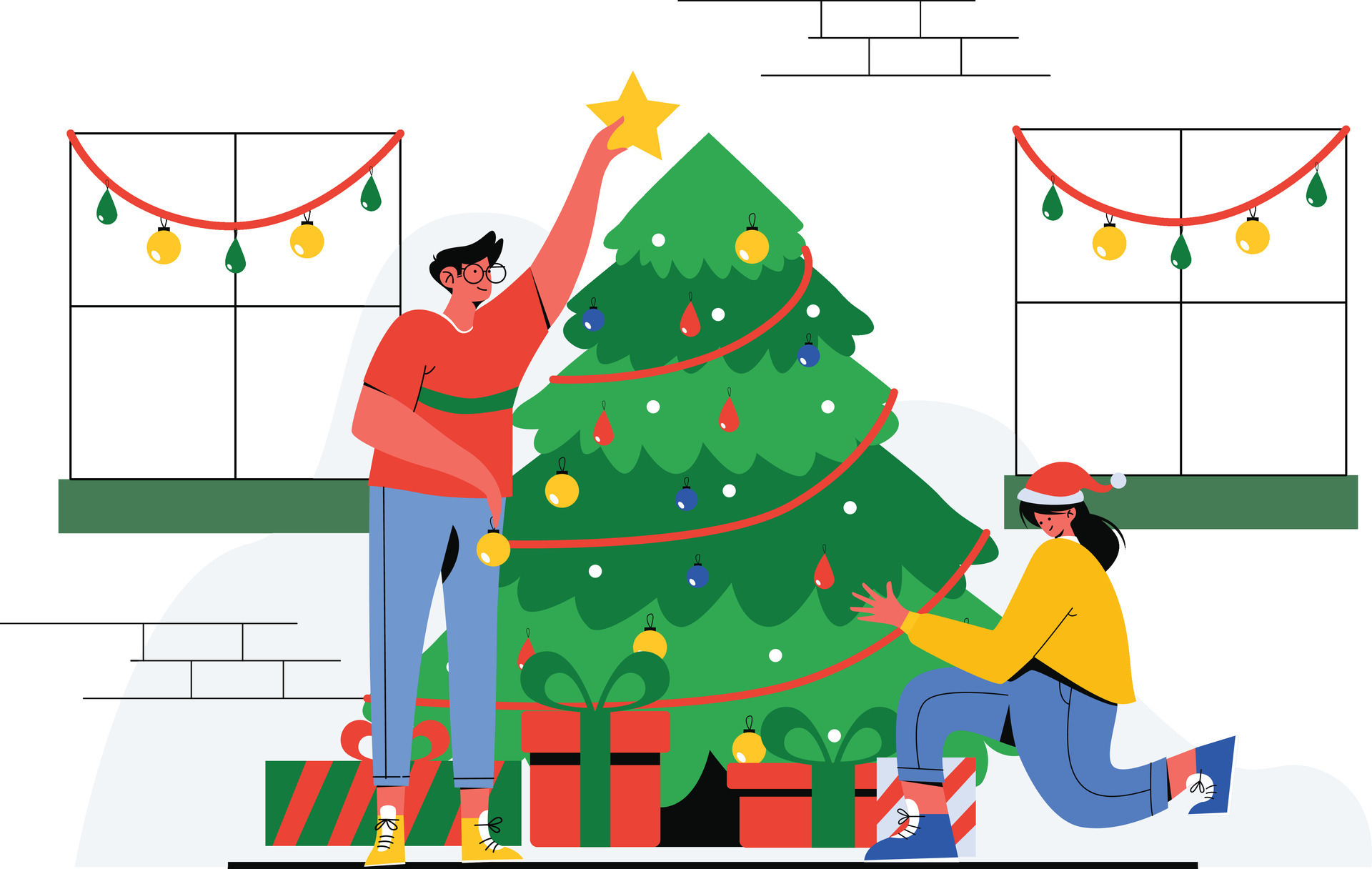 Couple Decorating Christmas Tree 35090380 Vector Art At Vecteezy