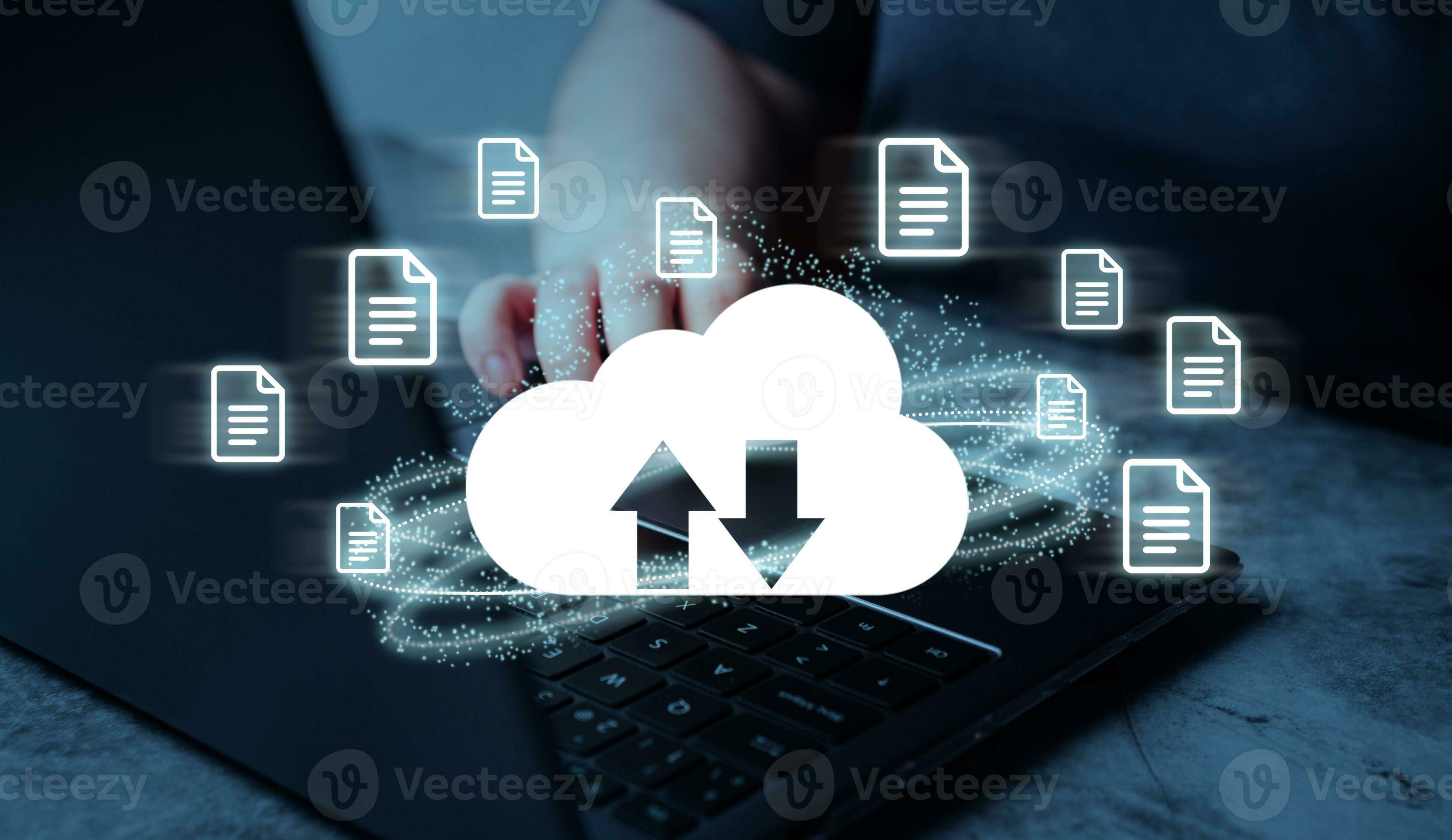 Woman use laptop with digital cloud computing diagram interface. Data ...