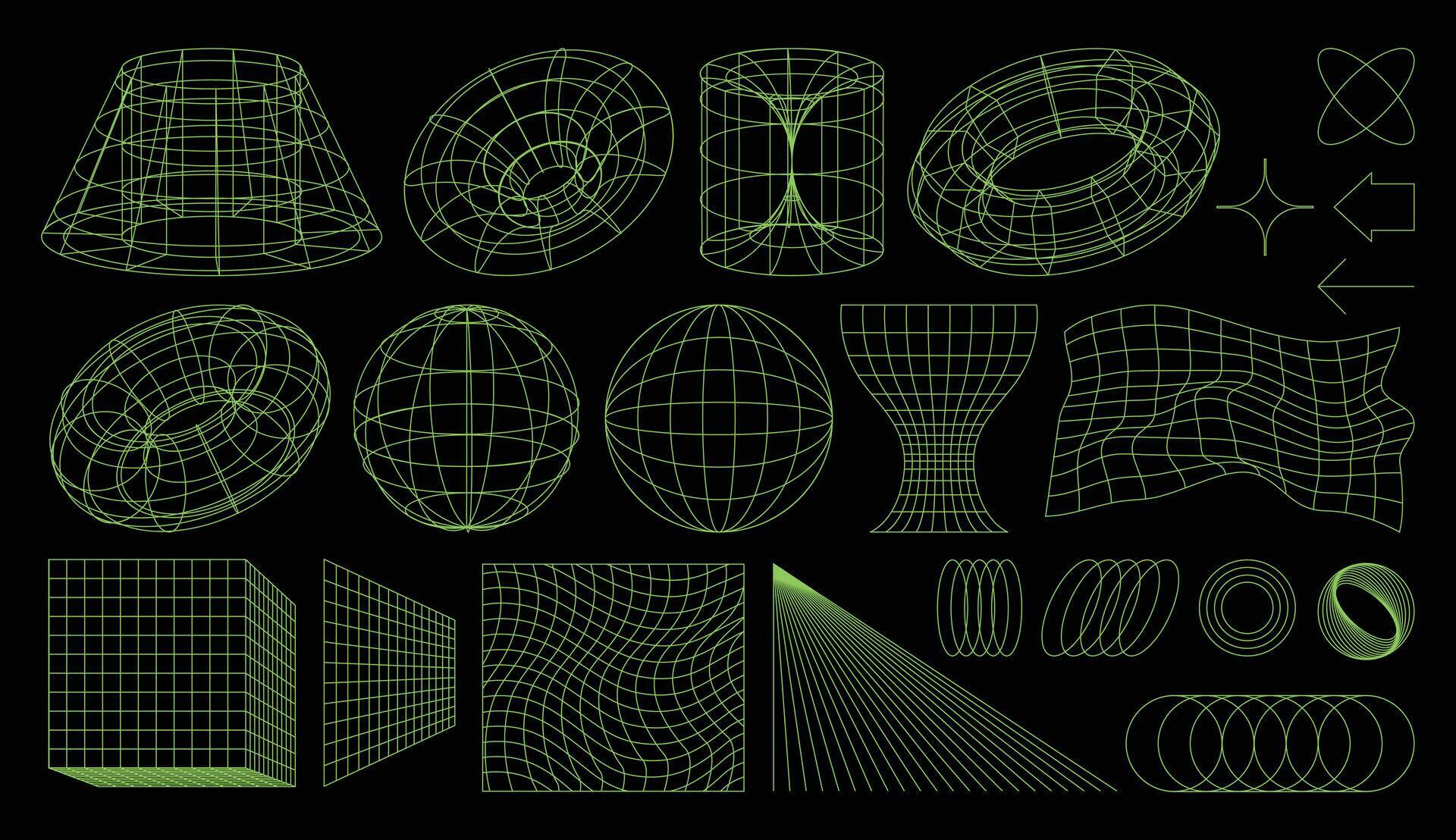 Set of Y2K elements, wireframes, 3d geometric shapes, grids, and linear forms inspired by ...