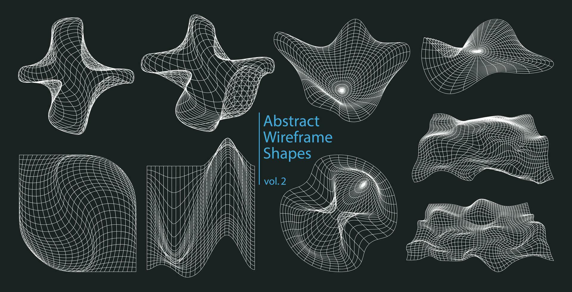 Abstract wireframe set of Y2K elements. Distortion and transformation of geometric 3d shapes and ...