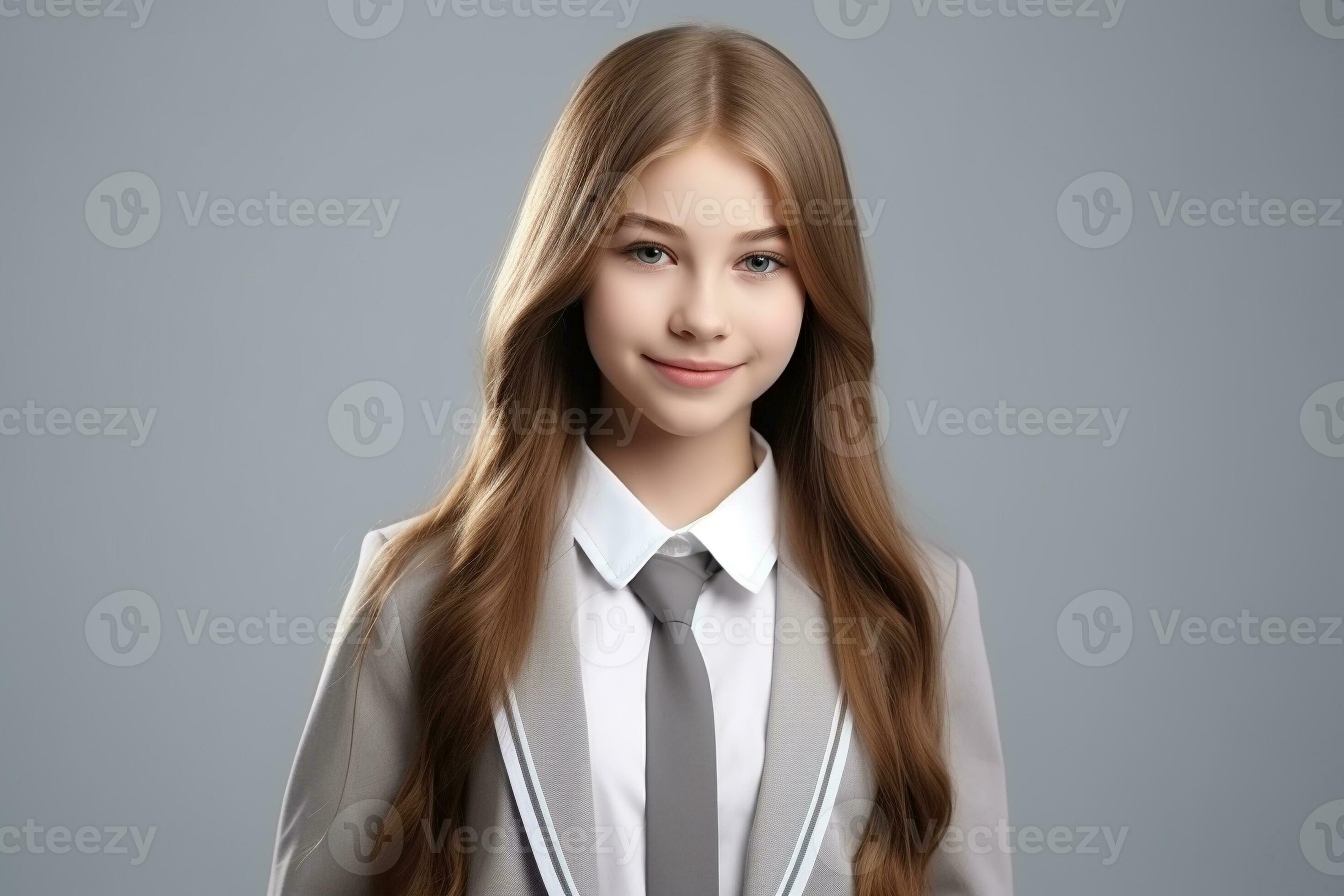 AI generated a young russian high school student girl in a school uniform isolated on a grey ...