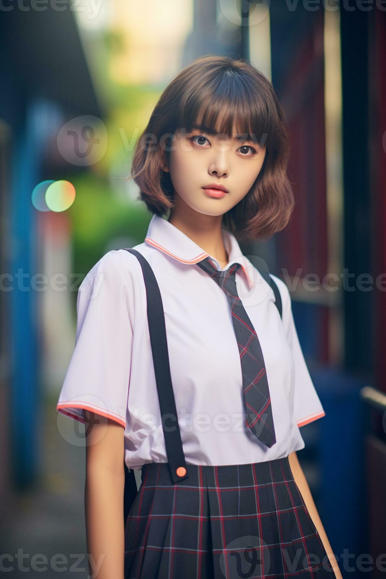 AI generated a beautiful young korean high school student girl with short hair in a school ...