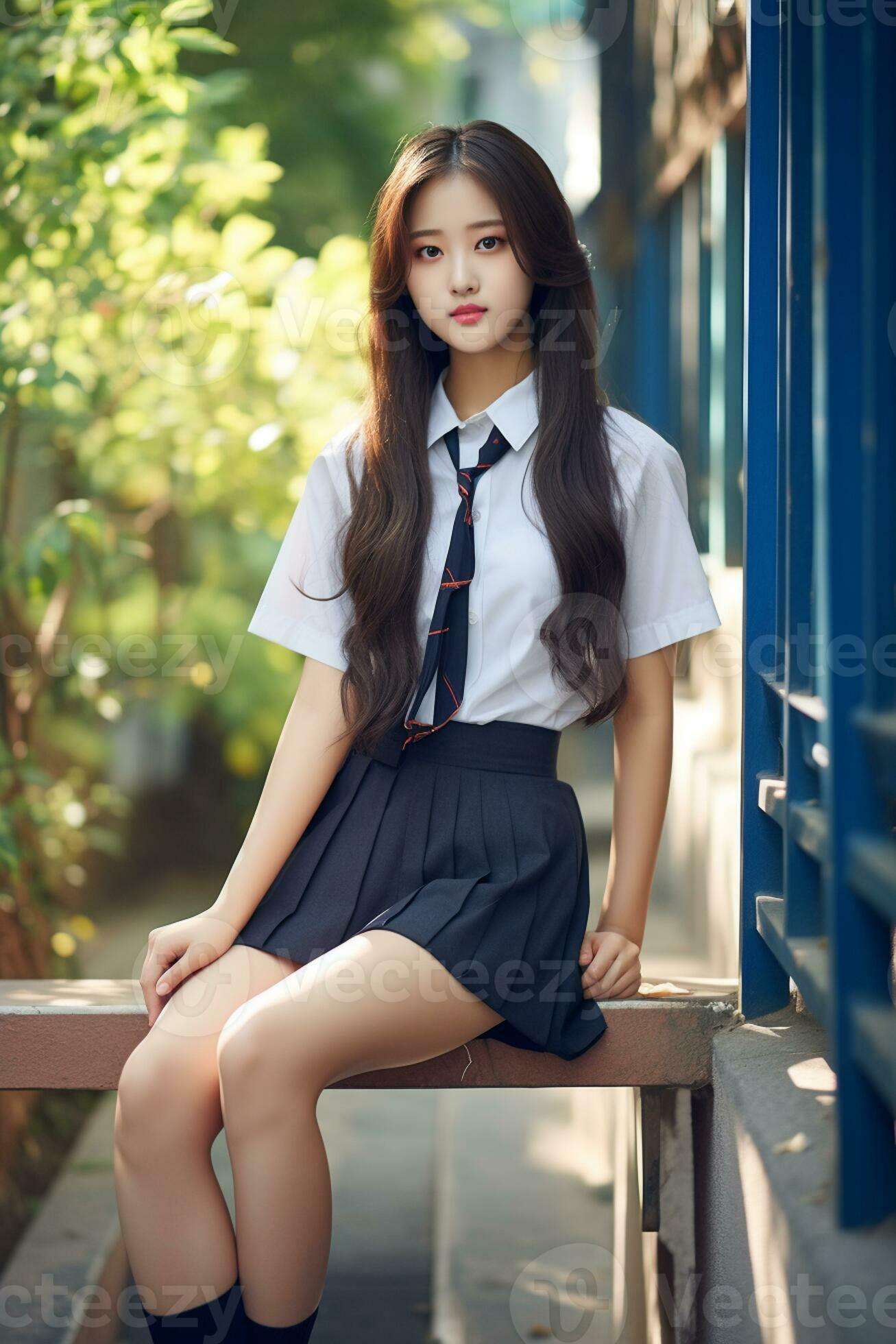 AI generated a young korean woman in school uniform sitting on a bench 35147140 Stock Photo at ...