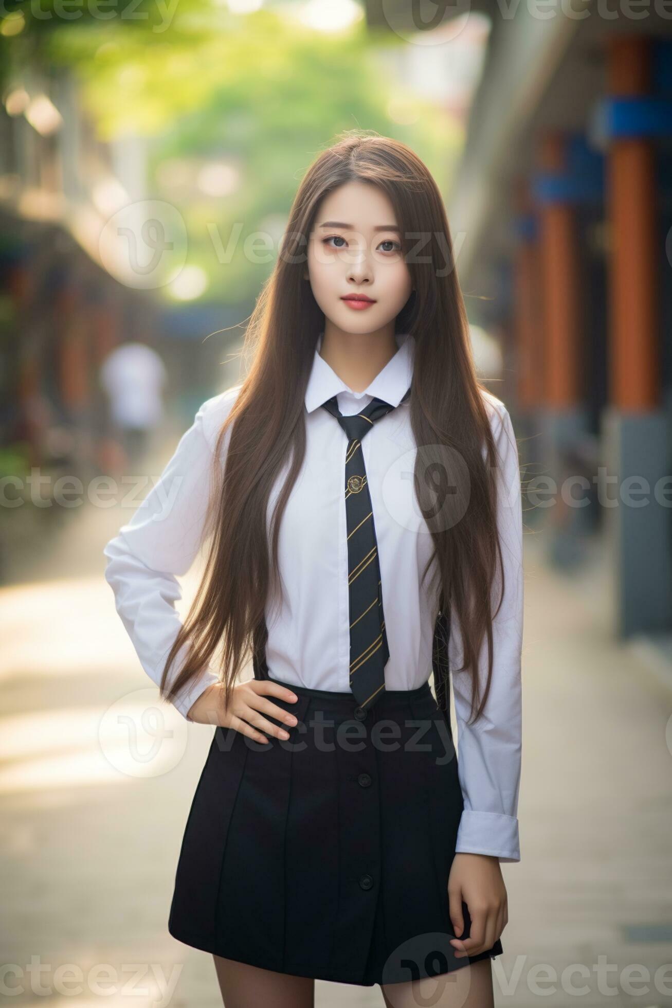 AI generated a young chinese high school student girl in a school uniform posing for a photo ...