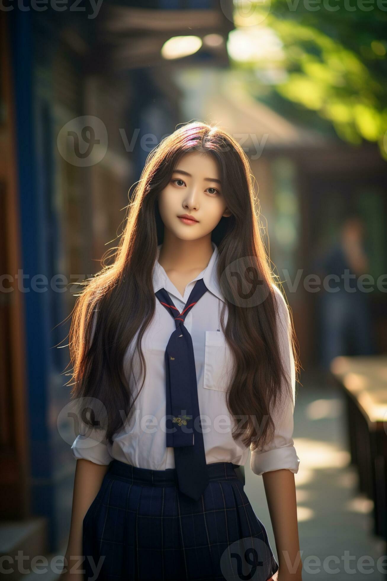 AI generated a beautiful young korean high school student girl in a school uniform outdoors ...
