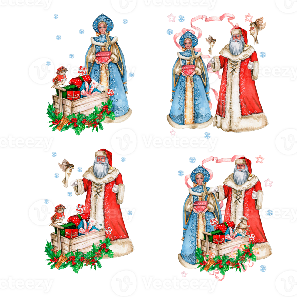 Watercolor Illustration Of Santa Claus Snow Maiden And Cart With Christmas Ts 35147421 Png