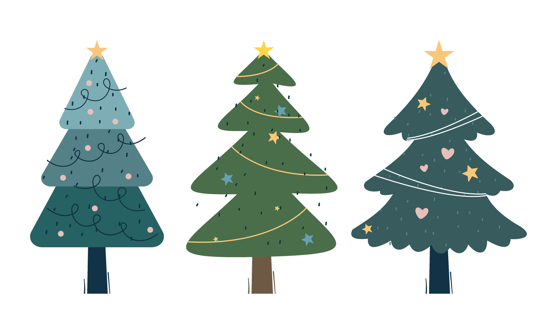 Collection of Christmas trees with decorations. Colorful vector ...