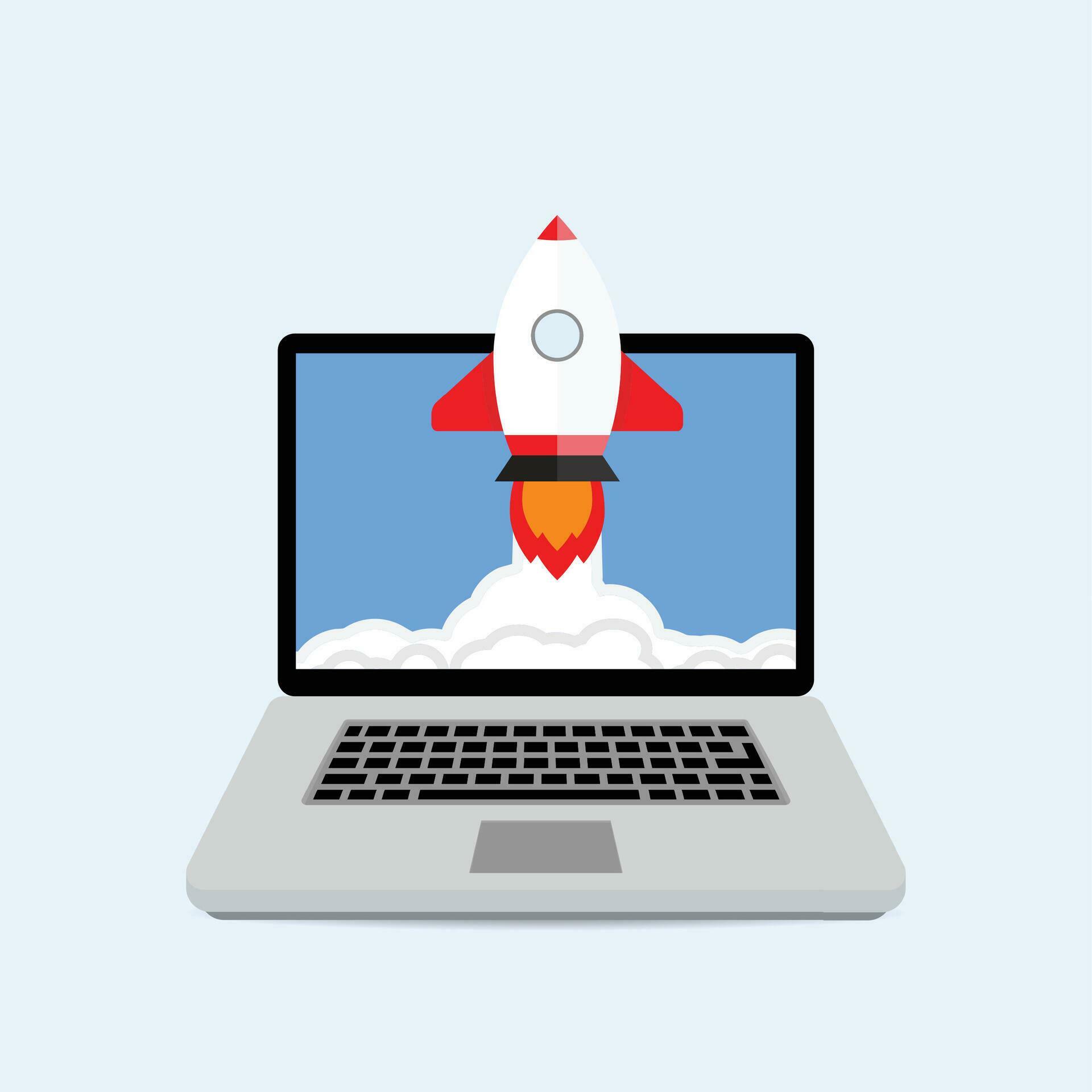 Launching startup with laptop. Start rocket project from laptop, development innovation, vector ...