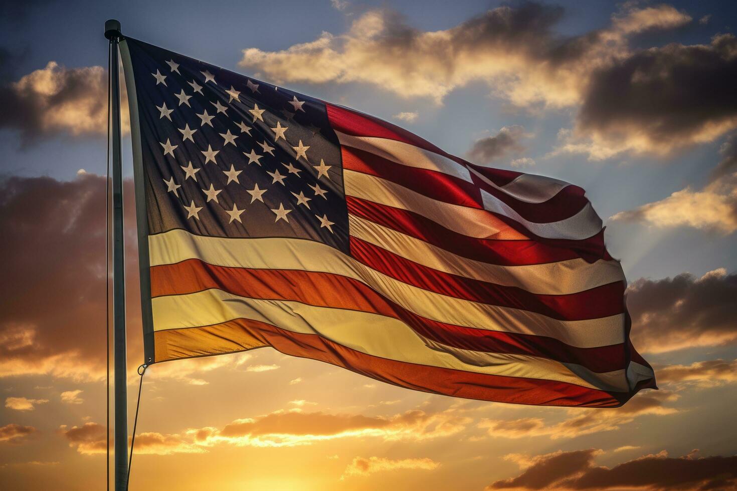 AI generated American flag waving in the wind against a blue and orange ...