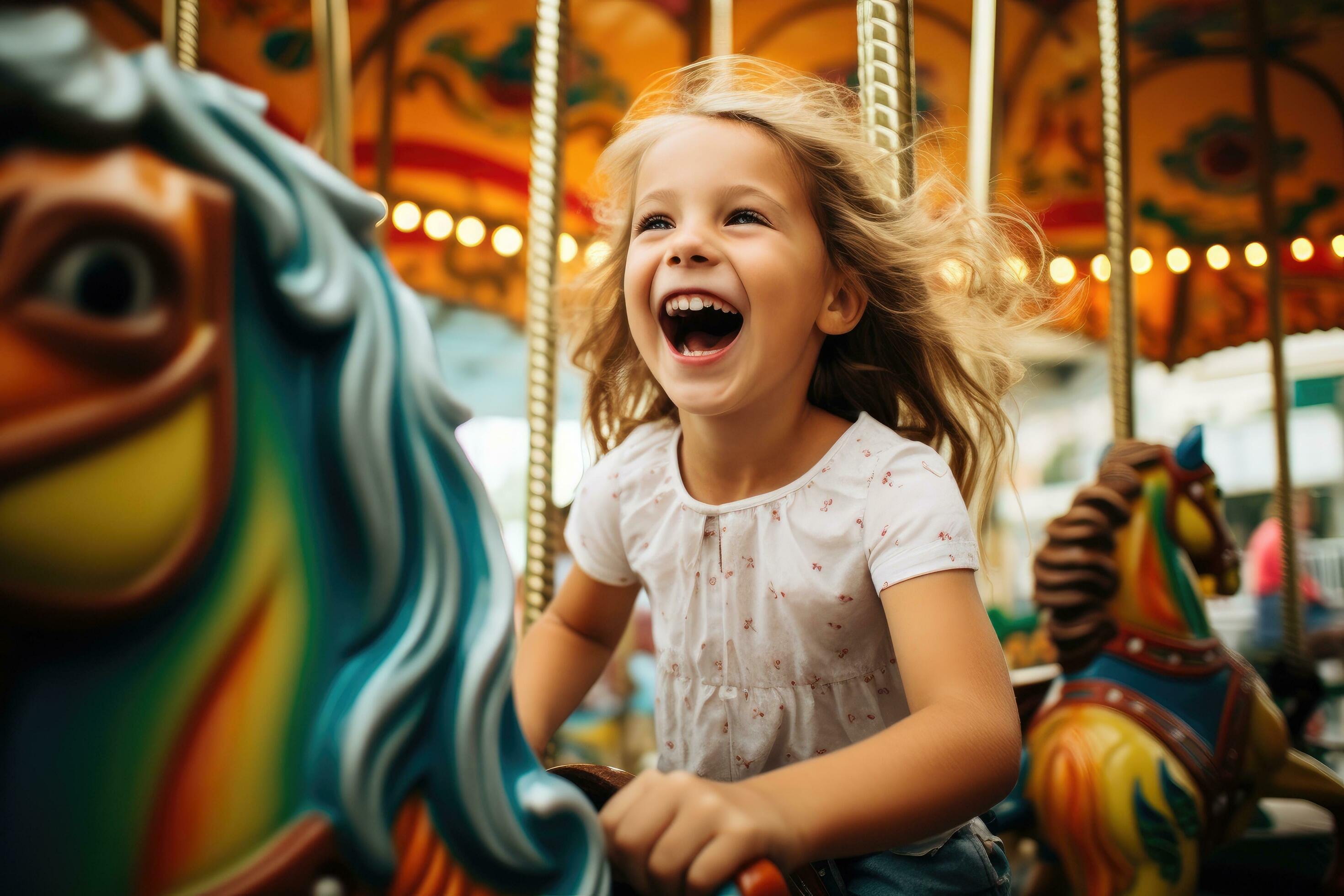 AI generated Happy little girl having fun on a merry-go-round, A happy young girl expressing ...