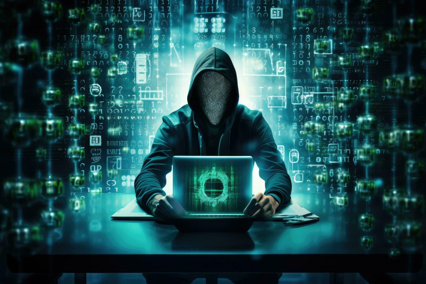 Ai Generated Hacker In Dark Room Using Laptop With Binary Code Concept