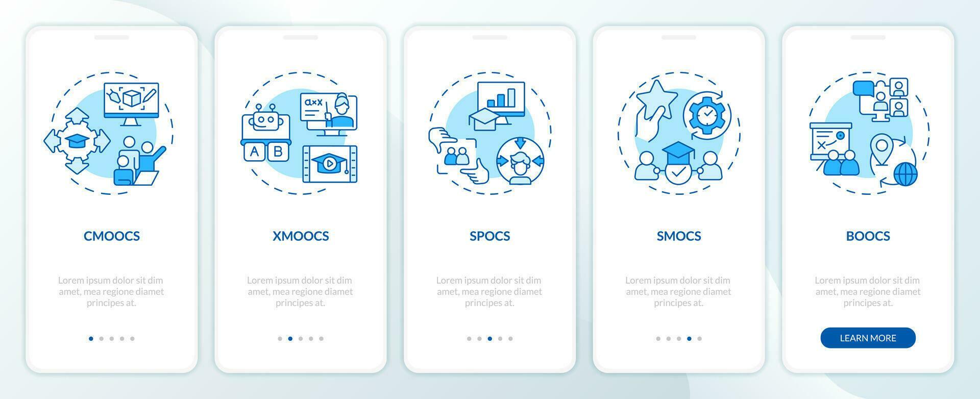 2d Icons Representing Mooc Mobile App Screen Set Walkthrough 5 Steps Blue Graphic Instructions