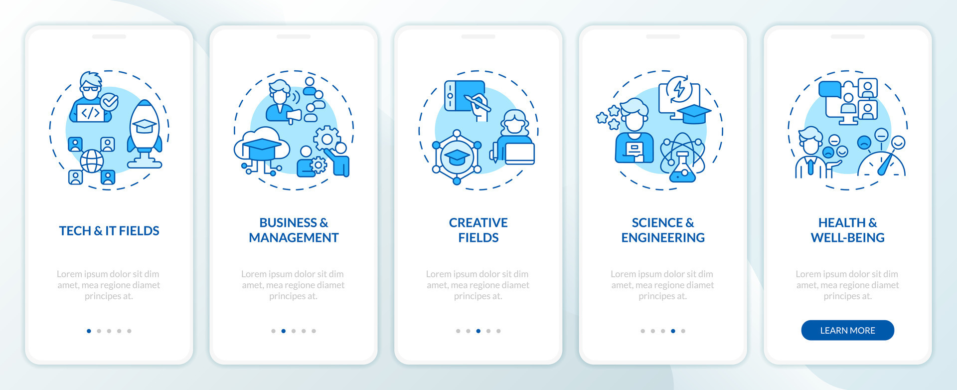 2d Blue Icons Representing Mooc Mobile App Screen Set Walkthrough 5 Steps Graphic Instructions