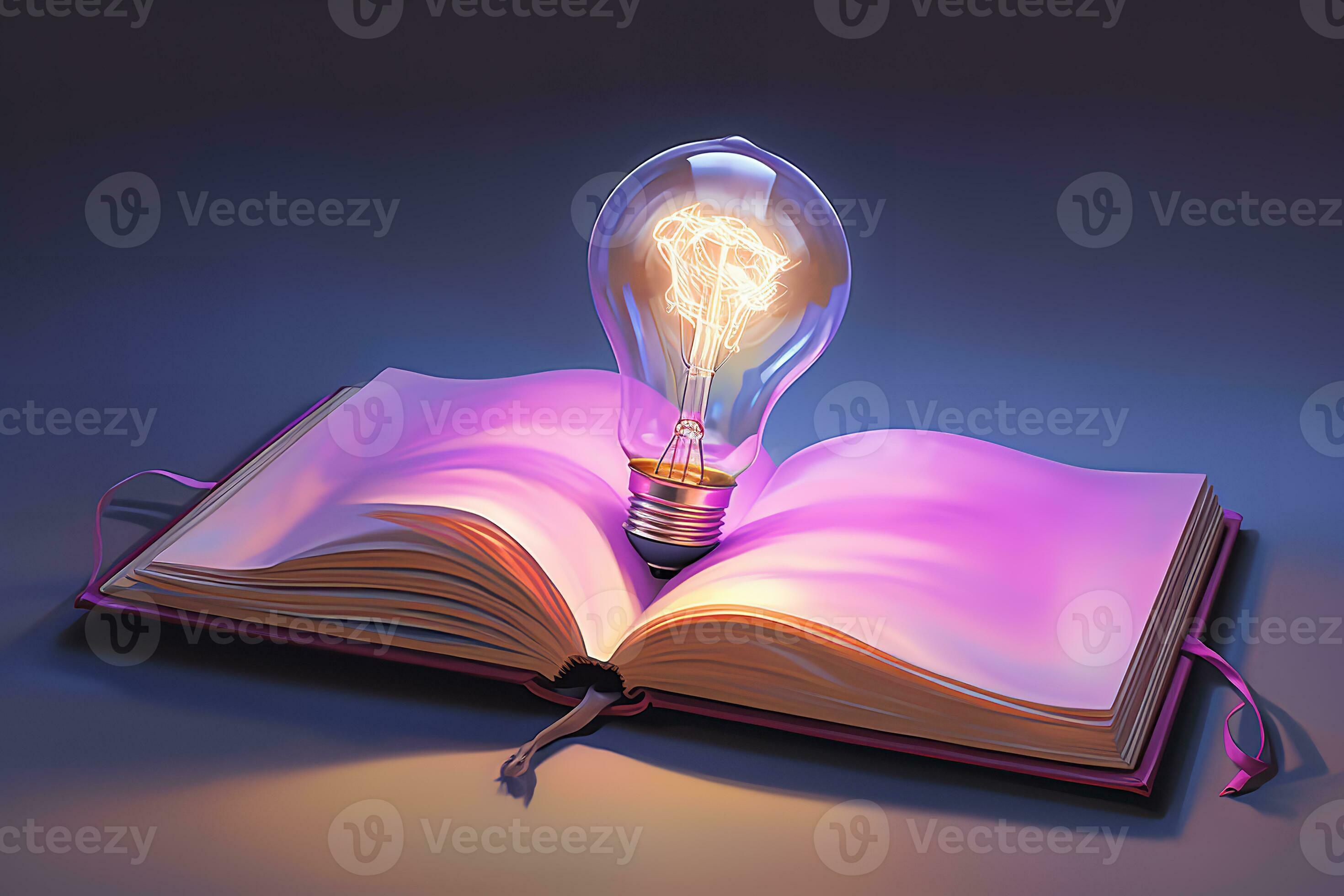 A light bulb floating above an open book on a blue background is a striking and evocative image ...