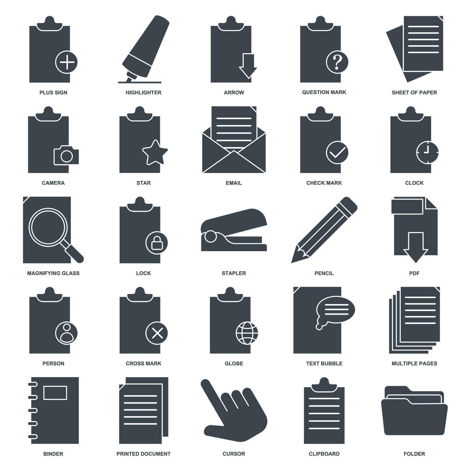 Document icon set, Included icons as Pencil, Folder, Clipboard ...