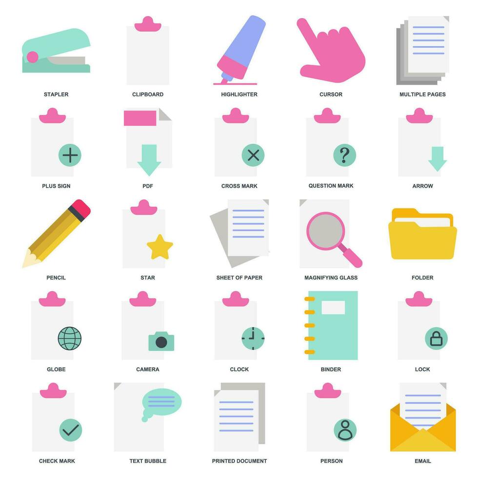 Document icon set, Included icons as Pencil, Folder, Clipboard ...