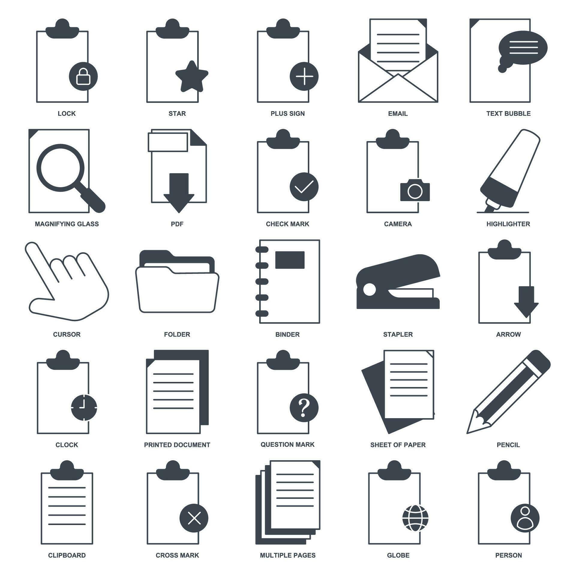 Document icon set, Included icons as Pencil, Folder, Clipboard ...