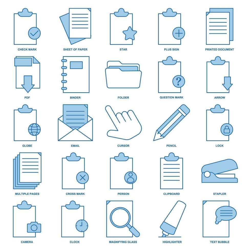 Document icon set, Included icons as Pencil, Folder, Clipboard ...