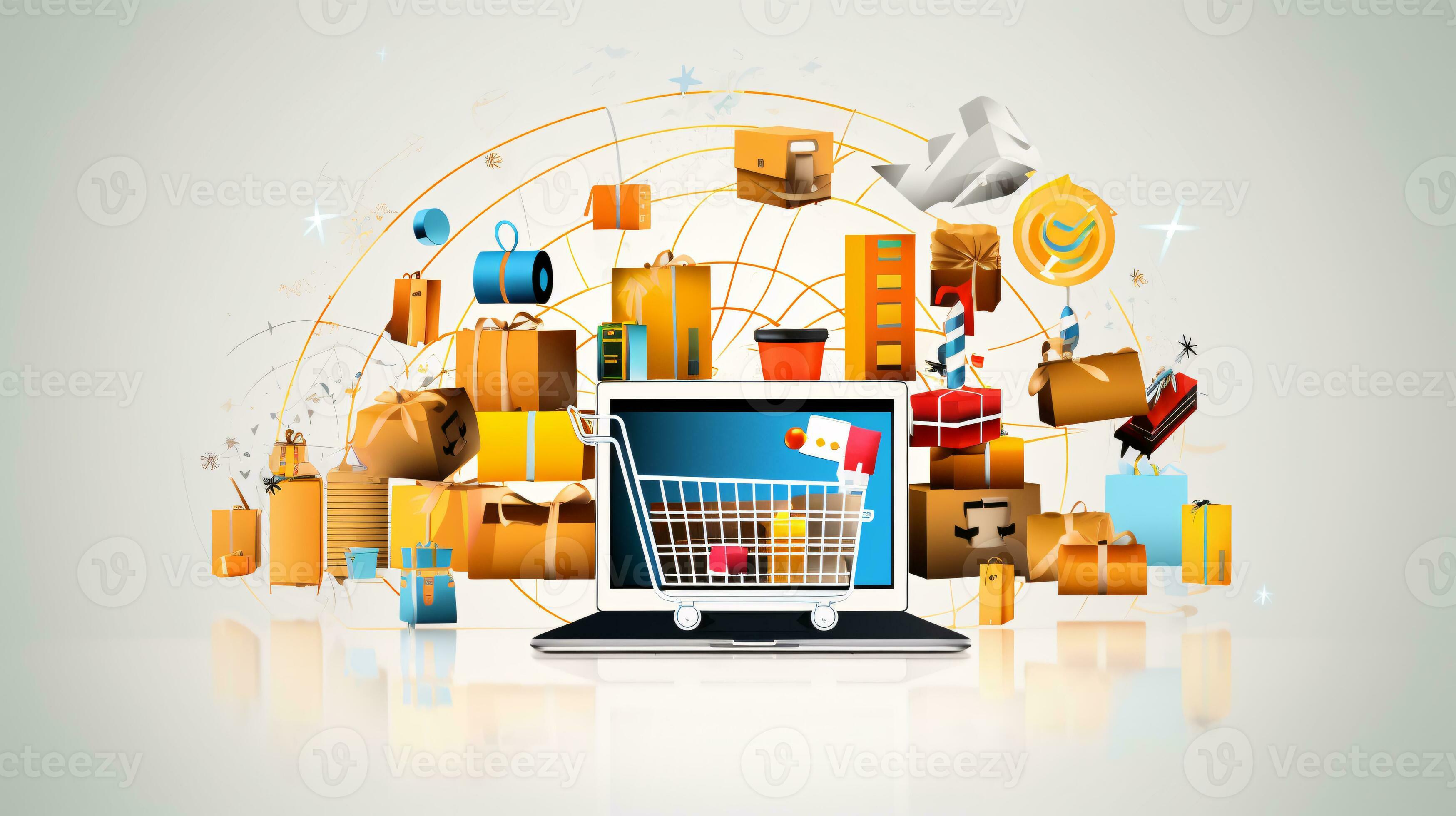 AI generated Online shopping representation with people on digital devices surrounded by gifts ...