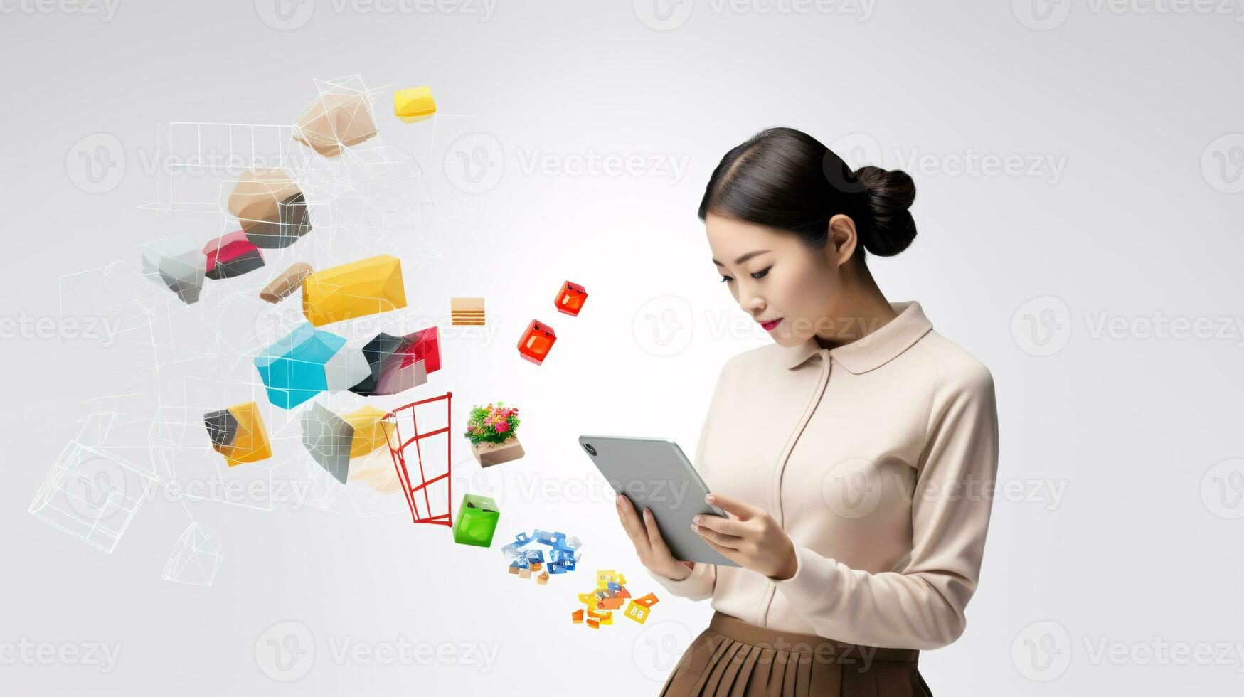 AI generated Online shopping representation with people on digital devices surrounded by gifts ...