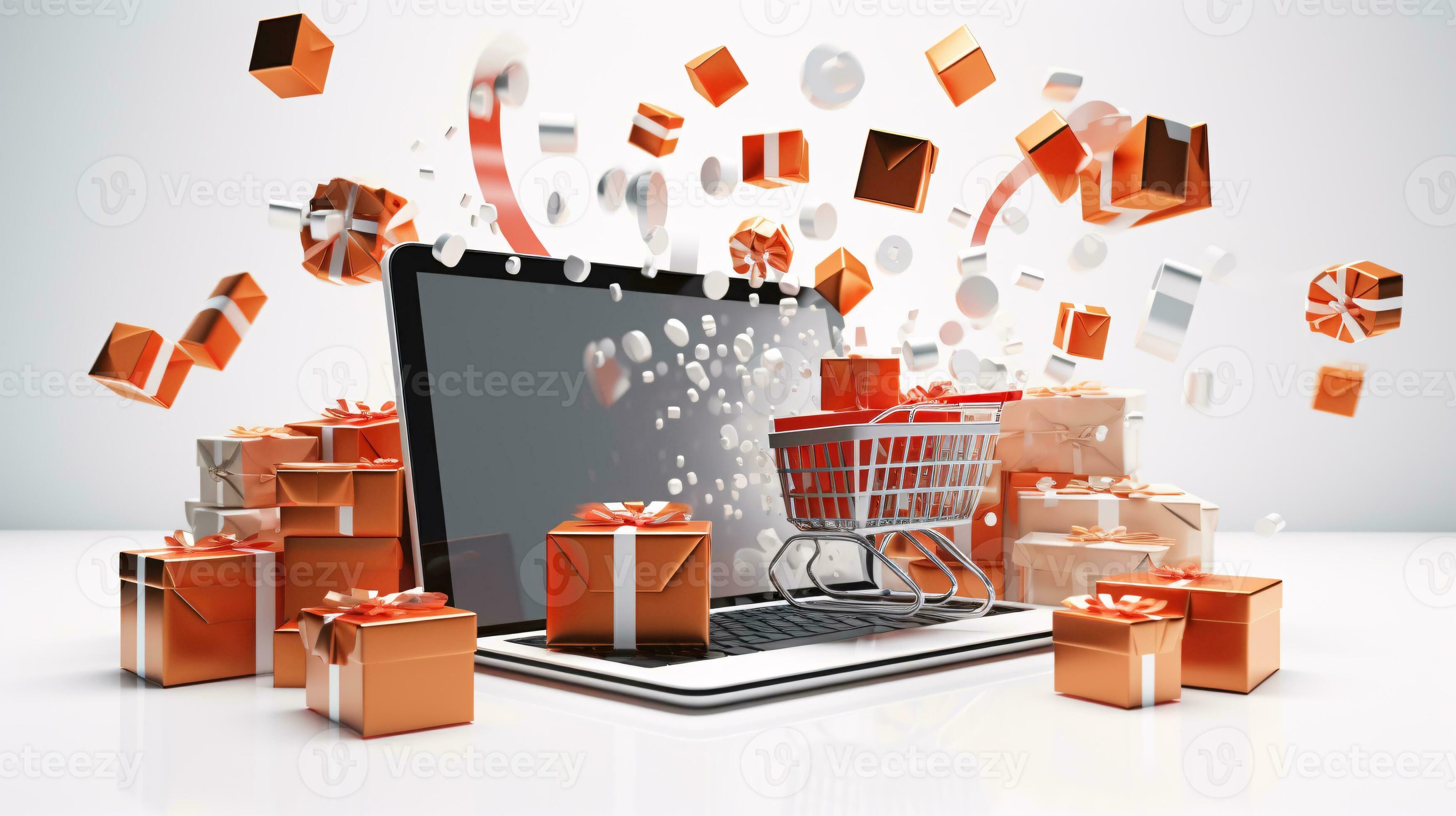 AI generated Online shopping representation with people on digital devices surrounded by gifts ...