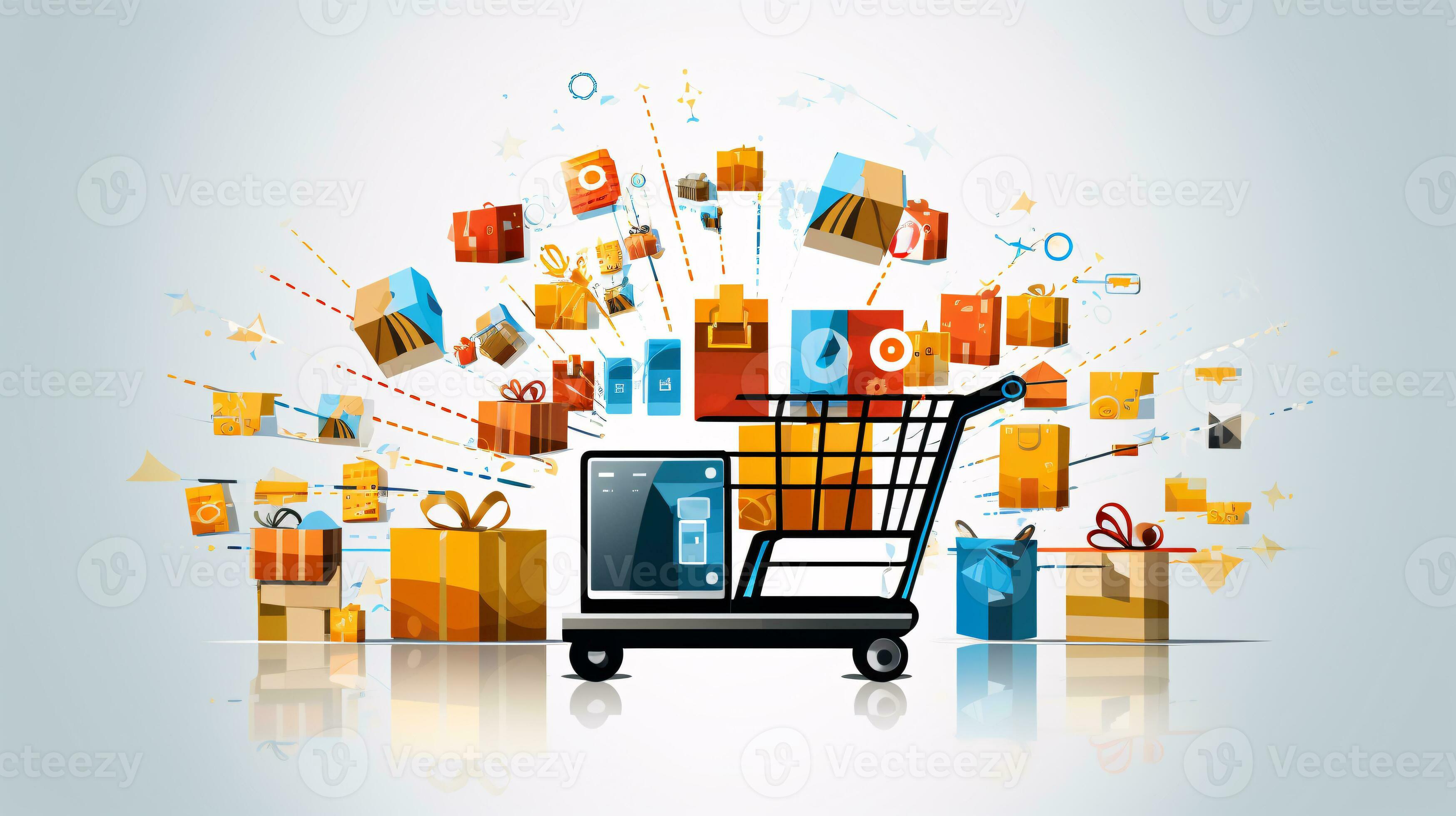 AI generated Online shopping representation with people on digital devices surrounded by gifts ...
