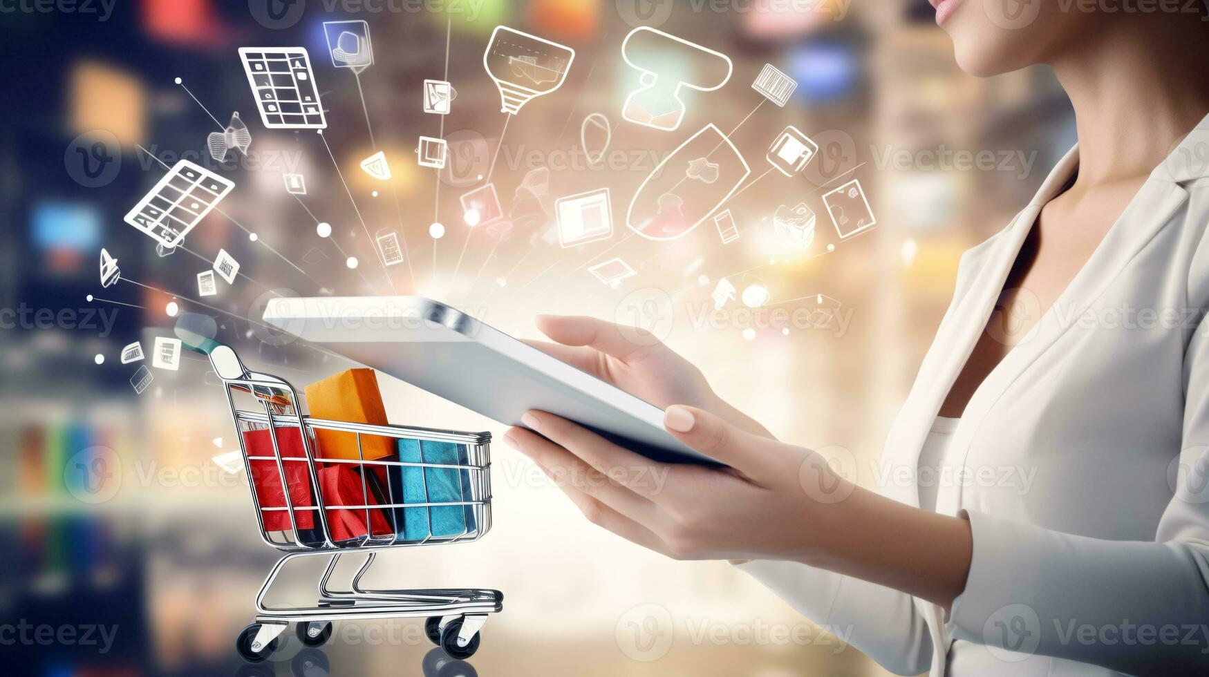 AI generated Online shopping representation with people on digital devices surrounded by gifts ...