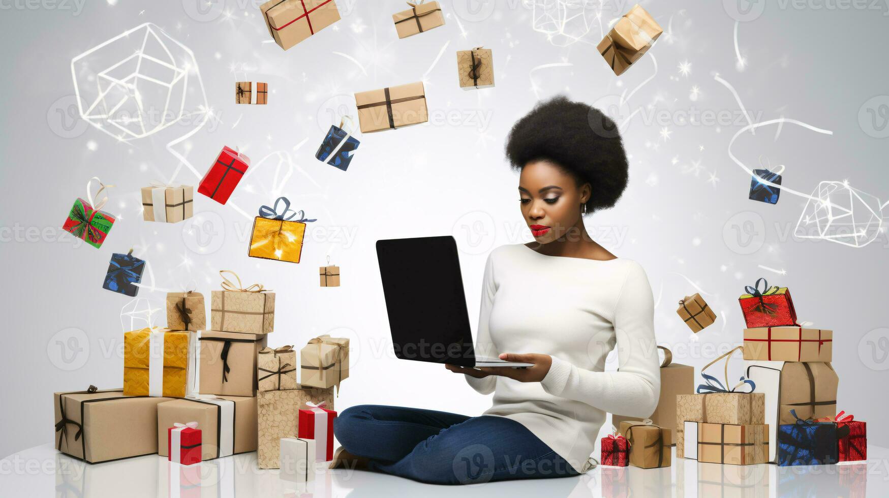 AI generated Online shopping representation with people on digital devices surrounded by gifts ...