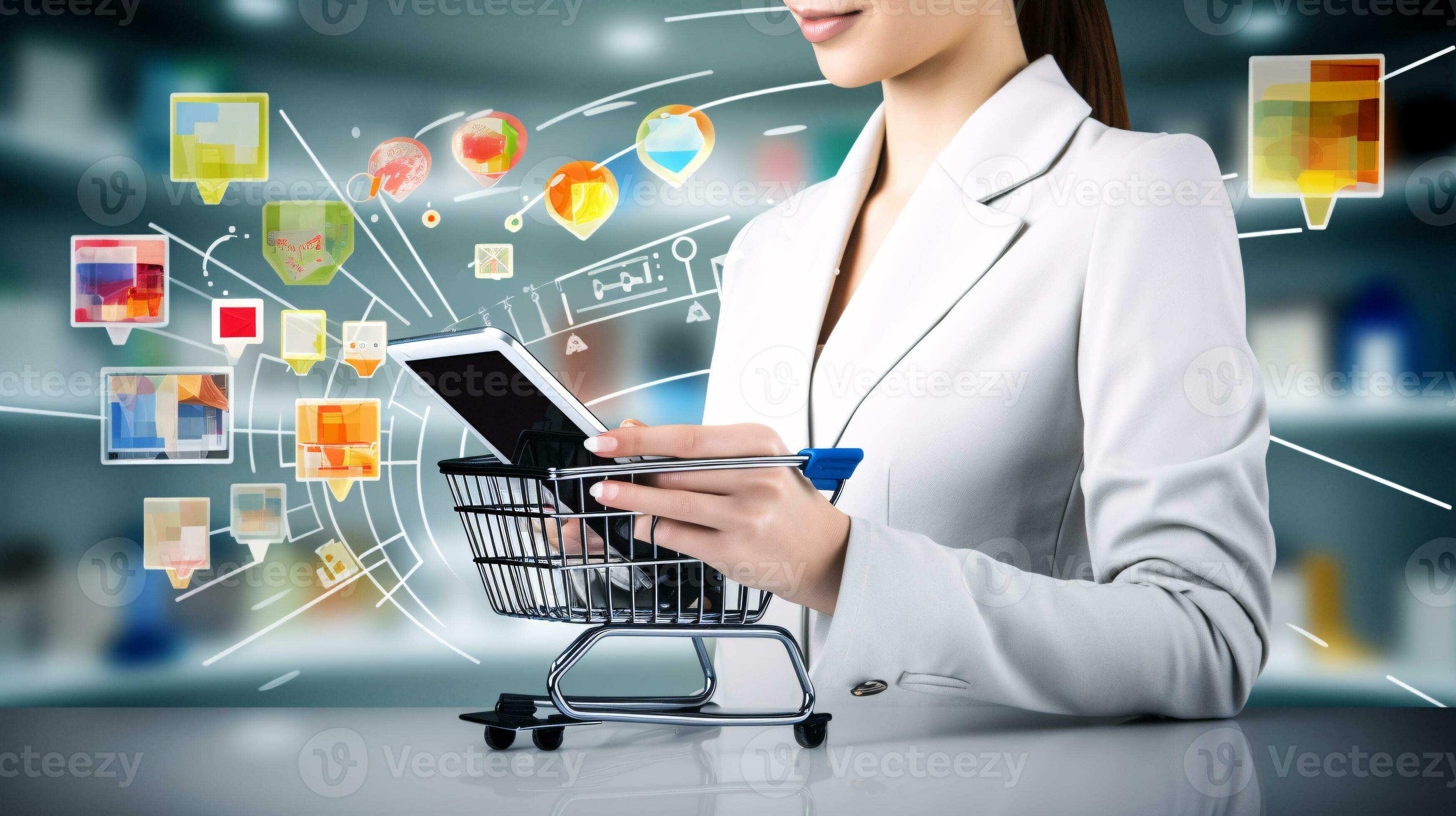 AI generated Online shopping representation with people on digital devices surrounded by gifts ...