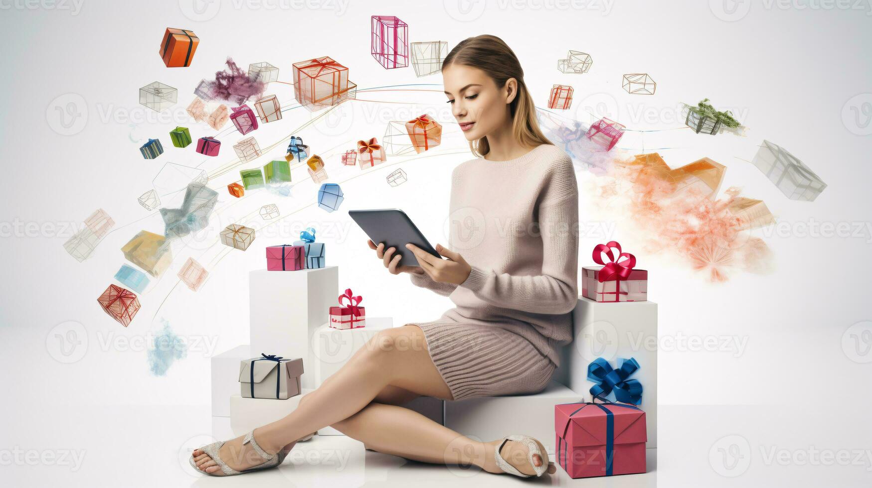 AI generated Online shopping representation with people on digital devices surrounded by gifts ...