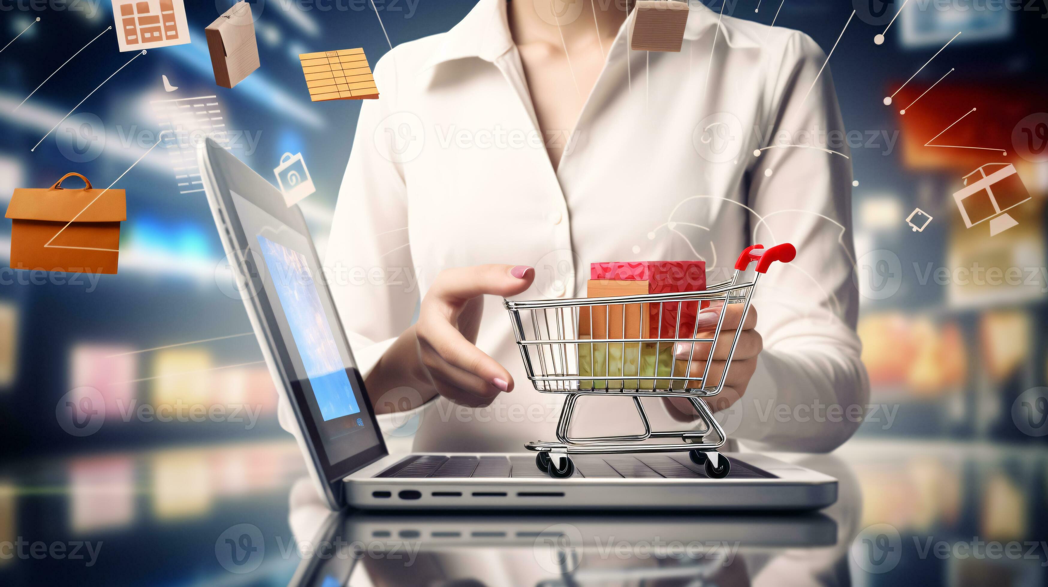 AI generated Online shopping representation with people on digital devices surrounded by gifts ...