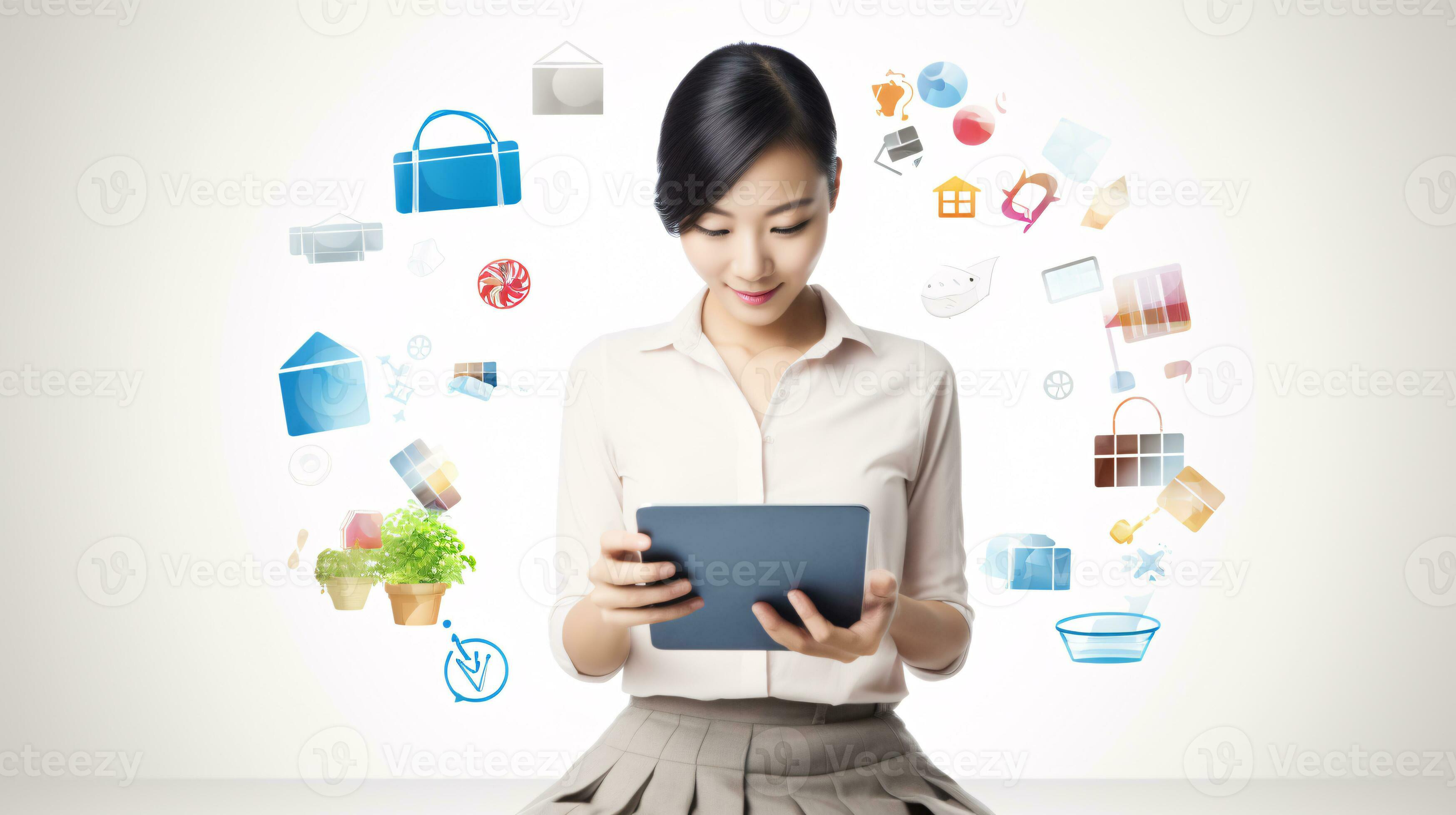 AI generated Online shopping representation with people on digital devices surrounded by gifts ...