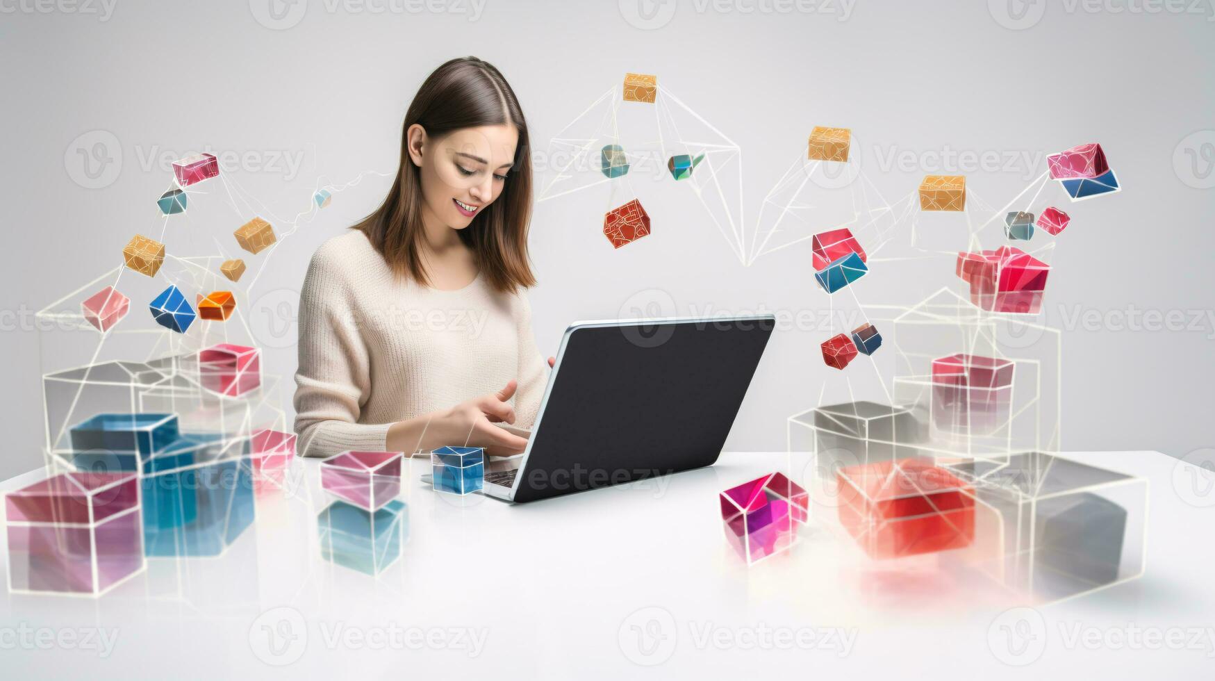 AI generated Online shopping representation with people on digital devices surrounded by gifts ...