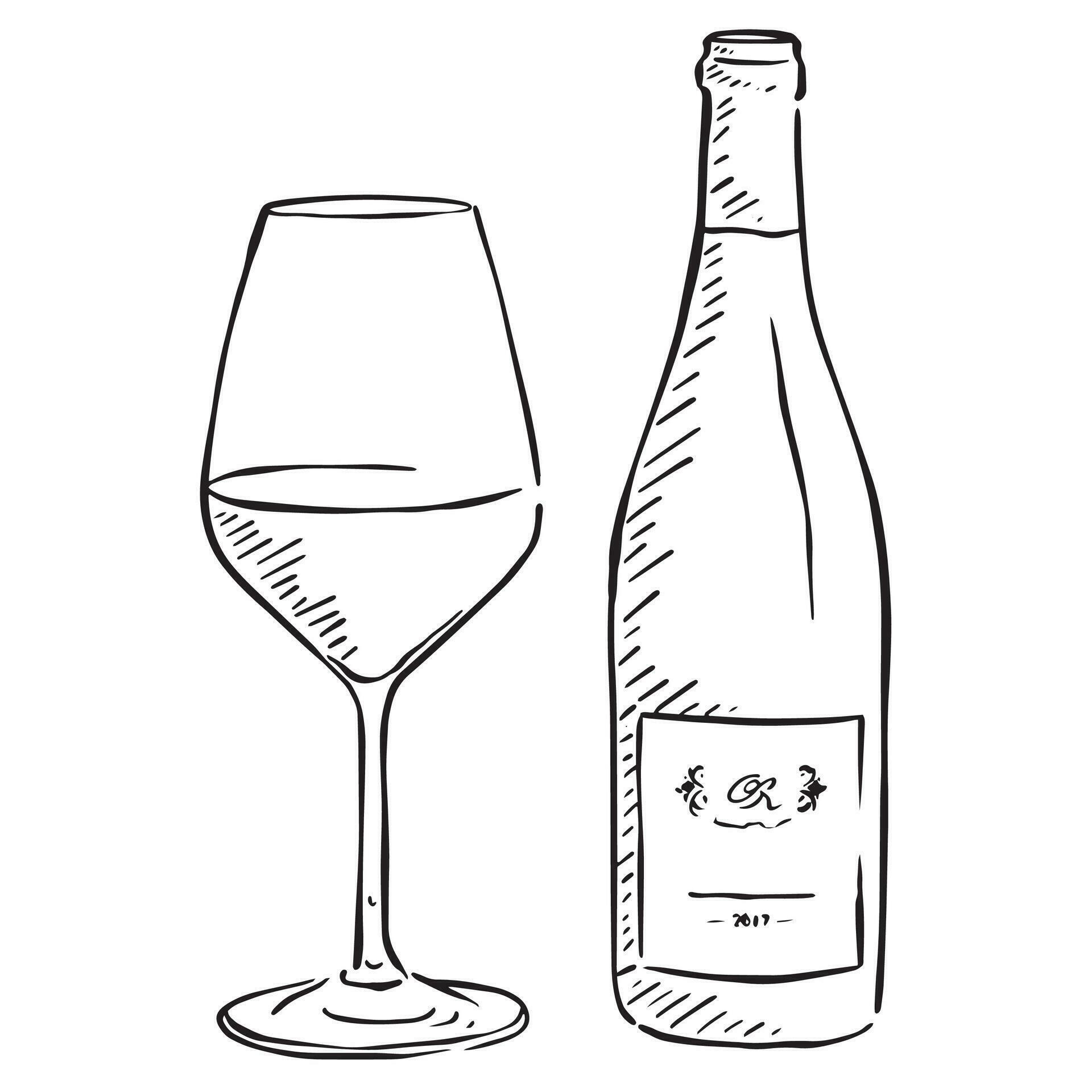 A hand drawn illustration of a wine bottle and wine glass. Line drawing with shading. 35201537 ...